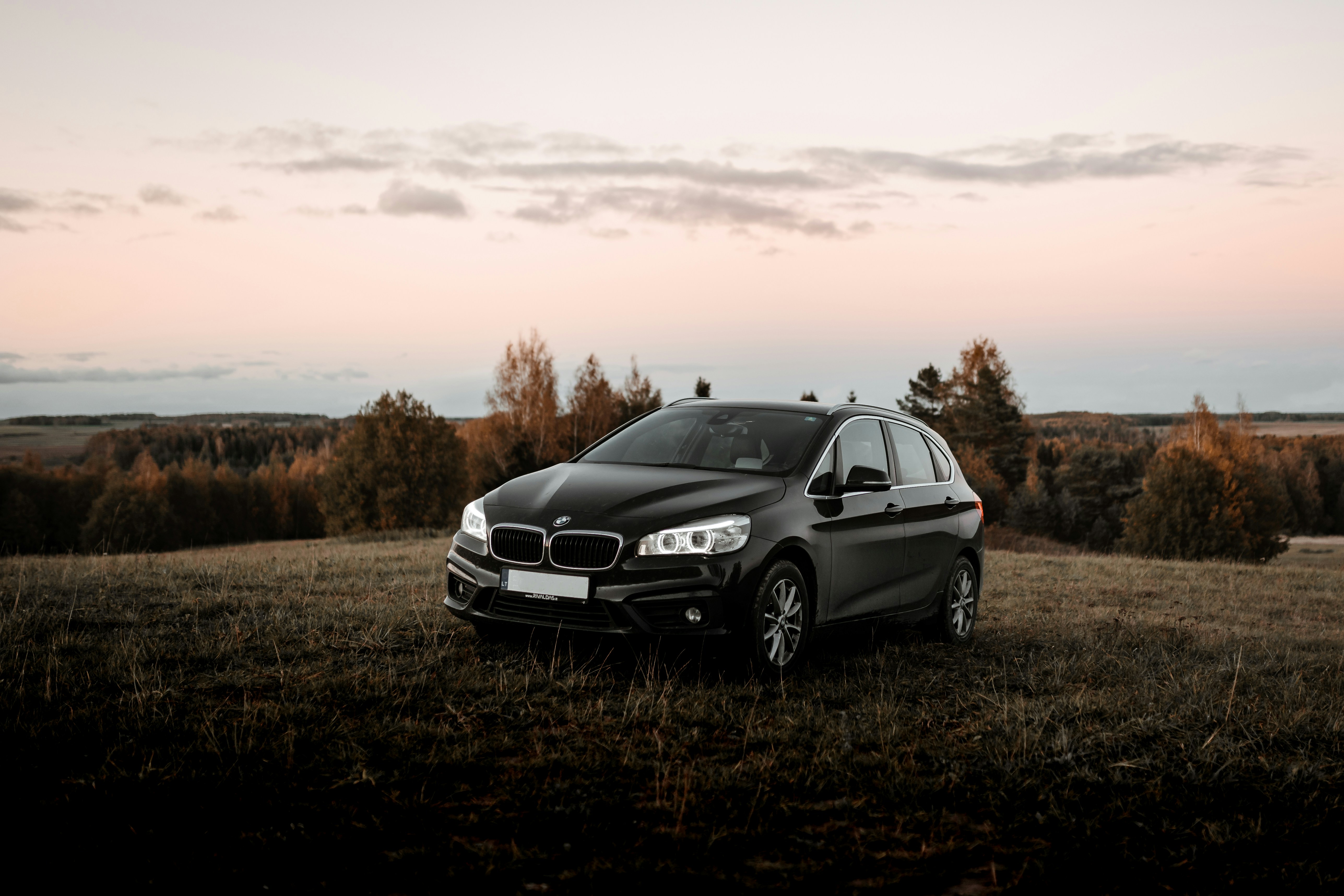 Black BMW parked on a grassy field with autumn foliage and a pastel sky at dusk.