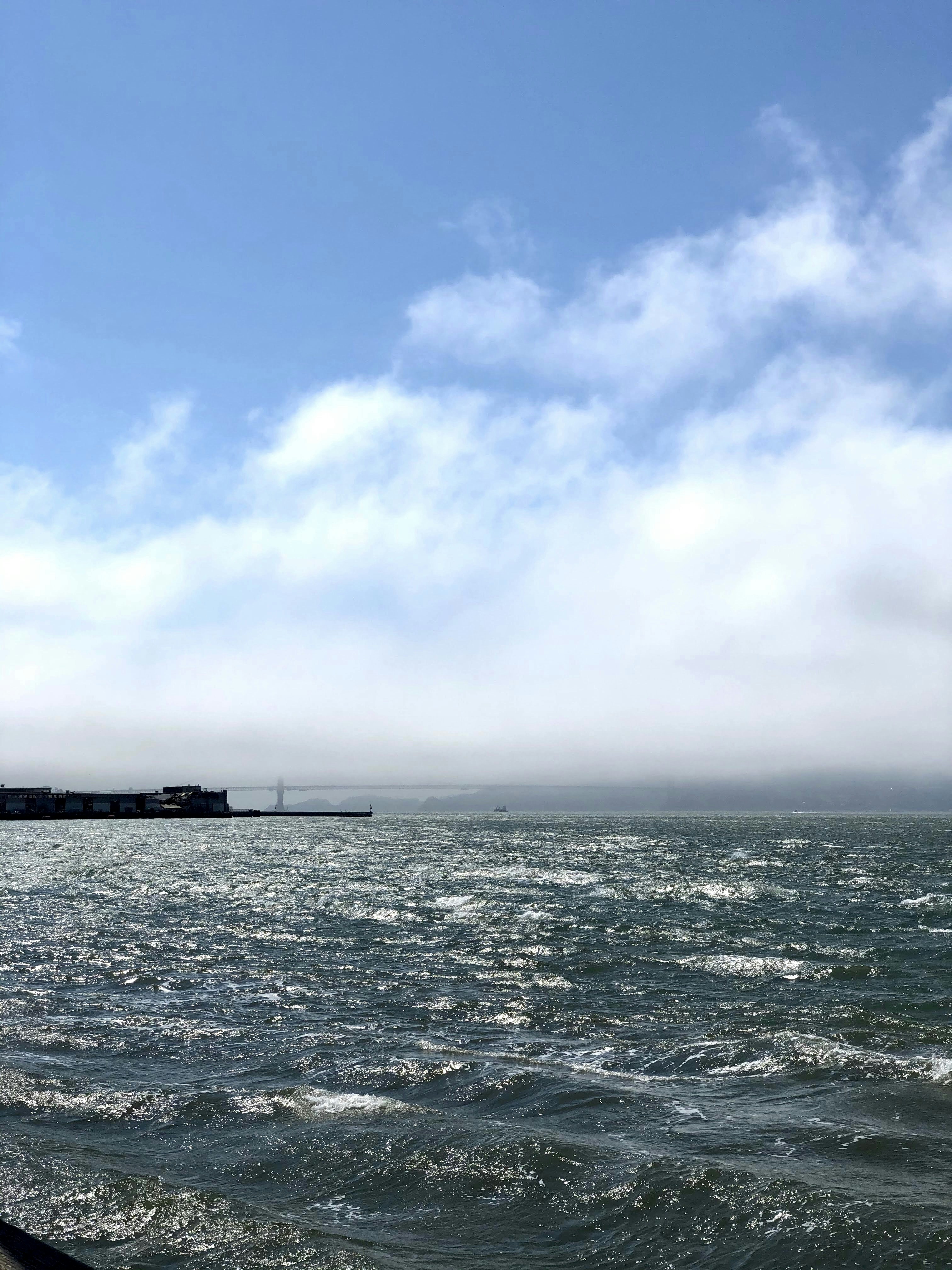 Waves gently ripple under a bright sky, with a distant pier silhouetted against a misty backdrop. The scene captures the serene essence of coastal life.