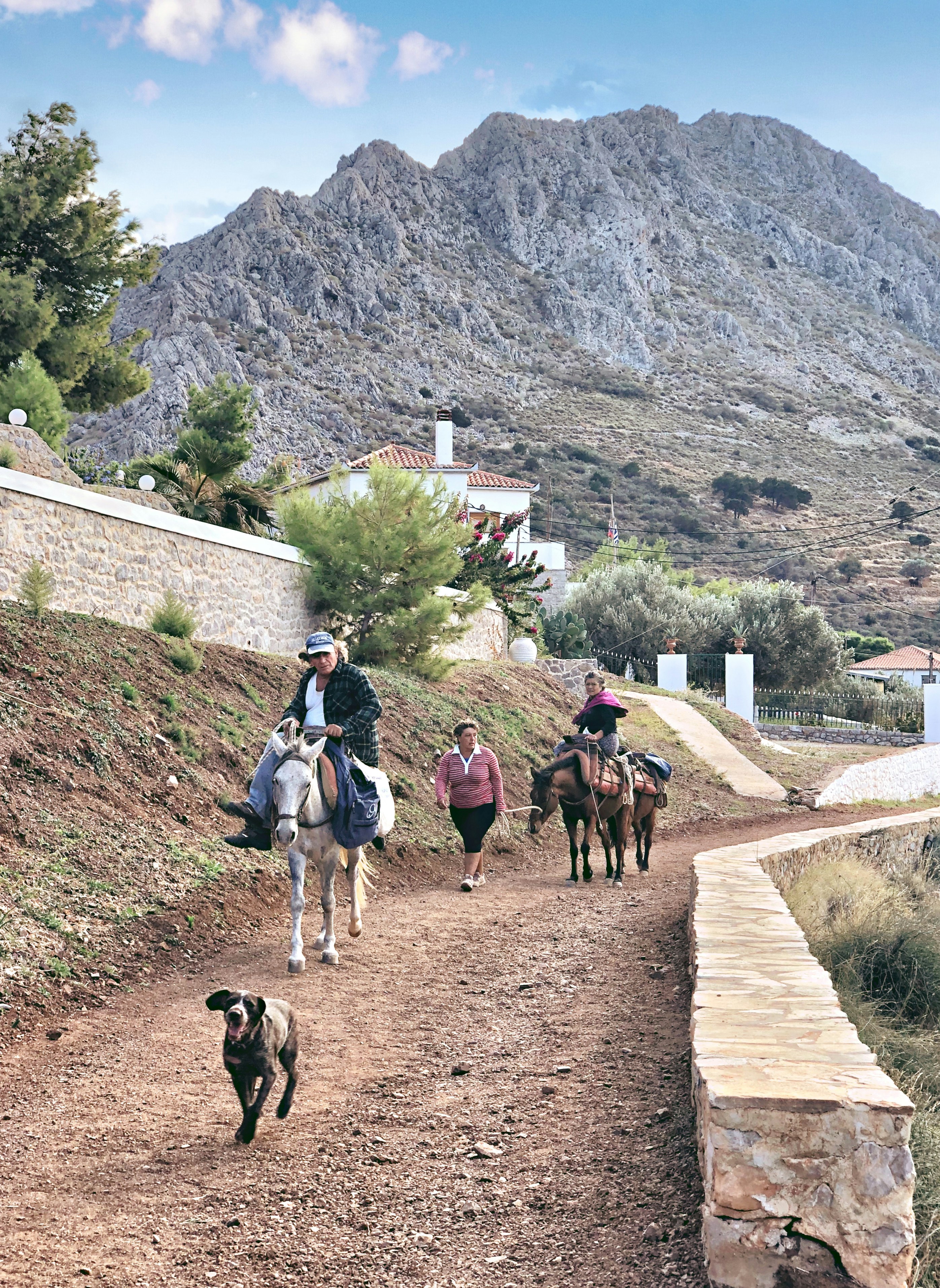 Two riders on horses accompanied by a woman walking alongside them, with a dog trotting ahead on a rustic path framed by mountains and greenery.