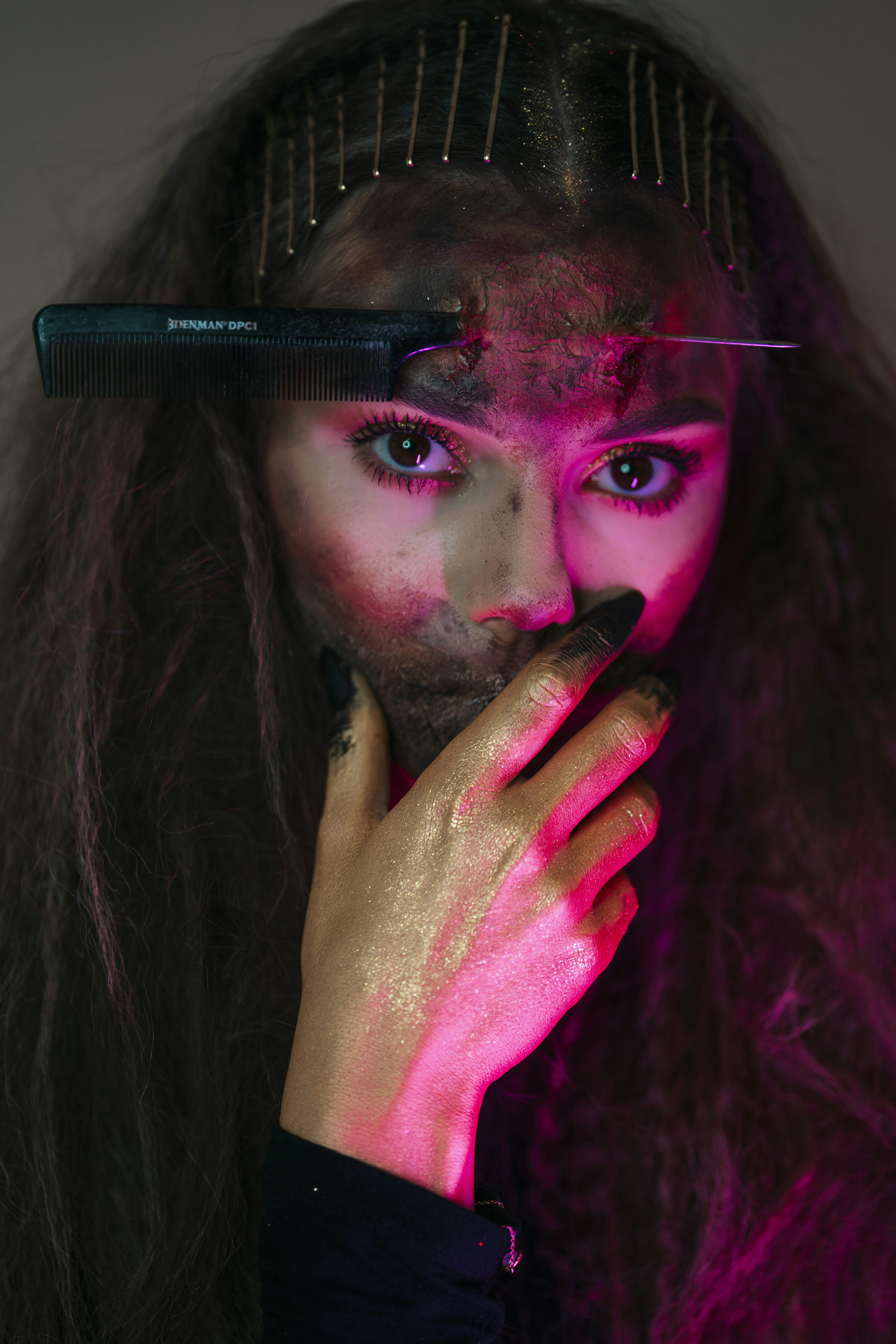 Neon Veil: A Gilded Gaze Under Magenta Glow
