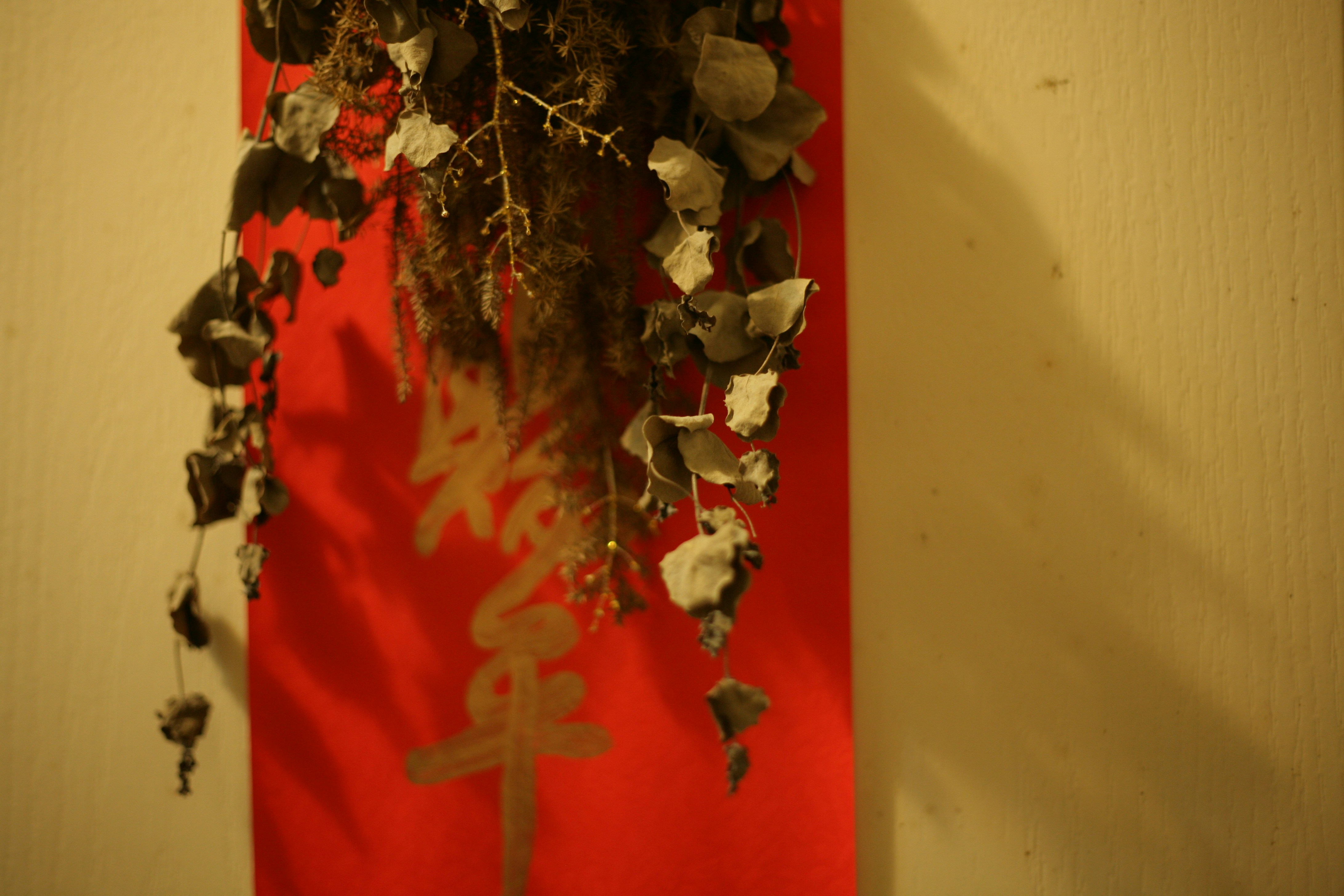 Crimson Banner with Golden Script Framed by Dried Foliage