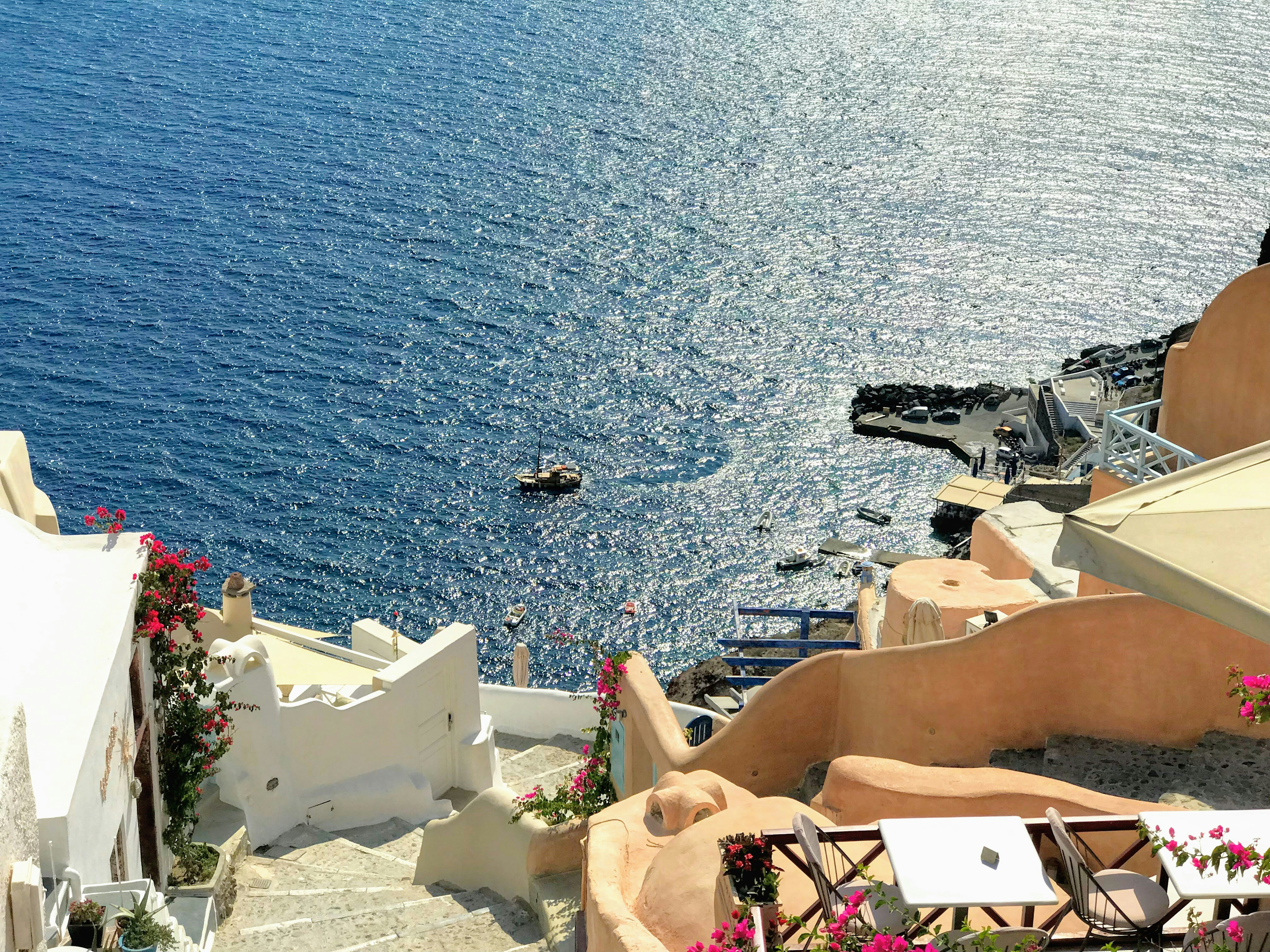 Terraced Santorini Steps Lookout Over the Aegean