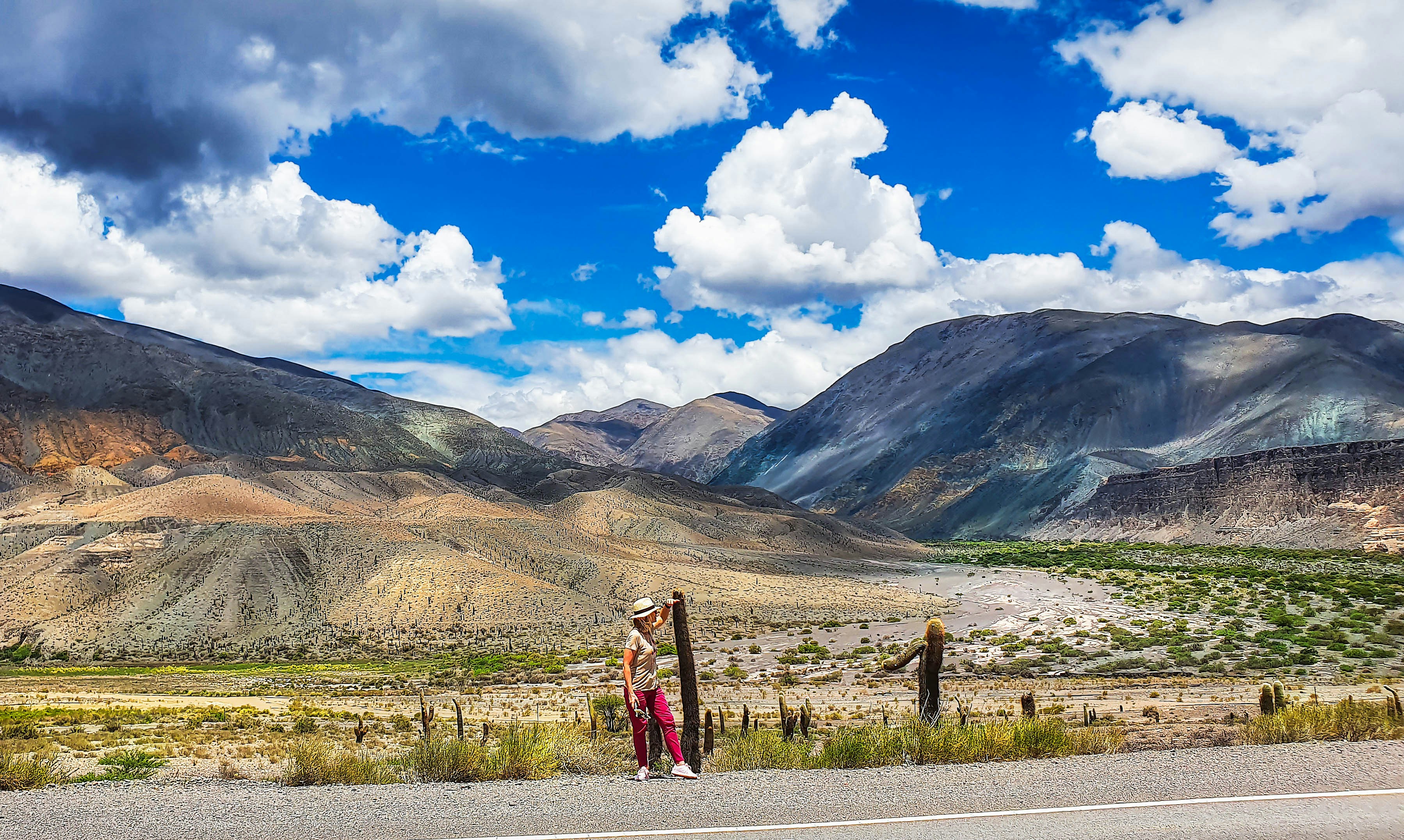 Roadside Horizon: A Harpist and a Walker Beneath Desert Peaks