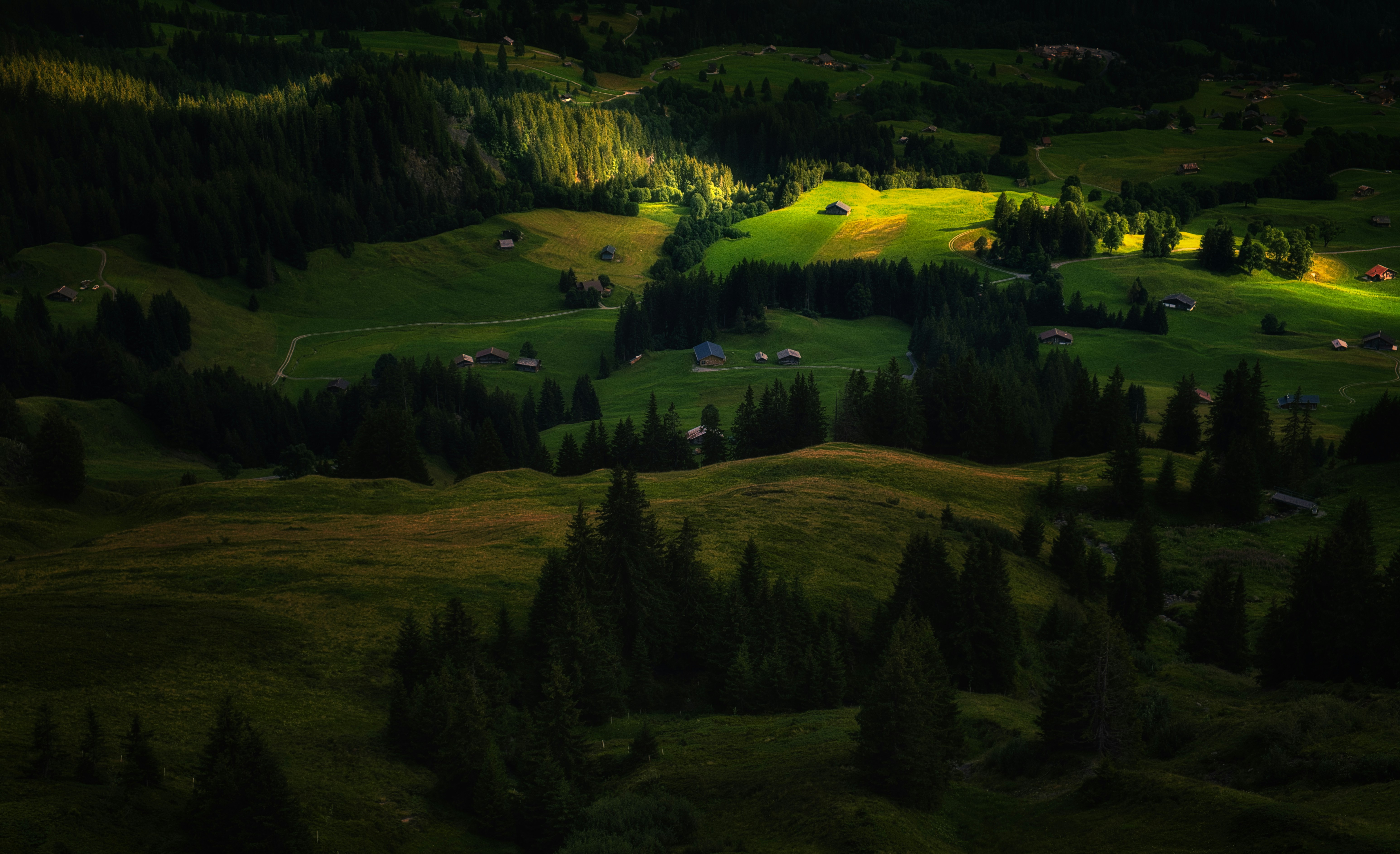 Lush green meadows interspersed with quaint cottages under a dramatic interplay of light and shadow in an alpine landscape.
