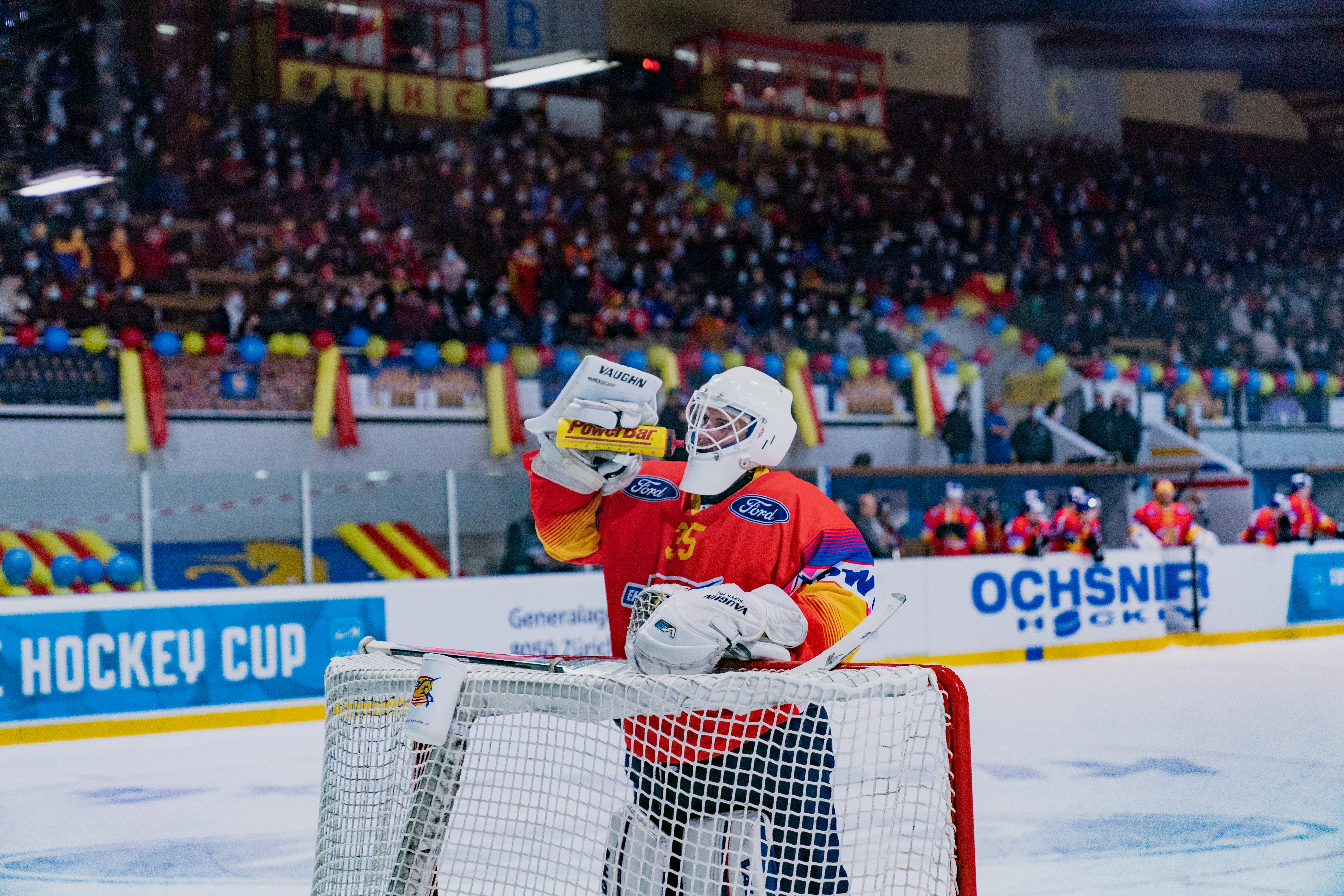 Goalkeeper in vibrant jersey celebrating a save during a hockey match, surrounded by a lively crowd and colorful decorations.