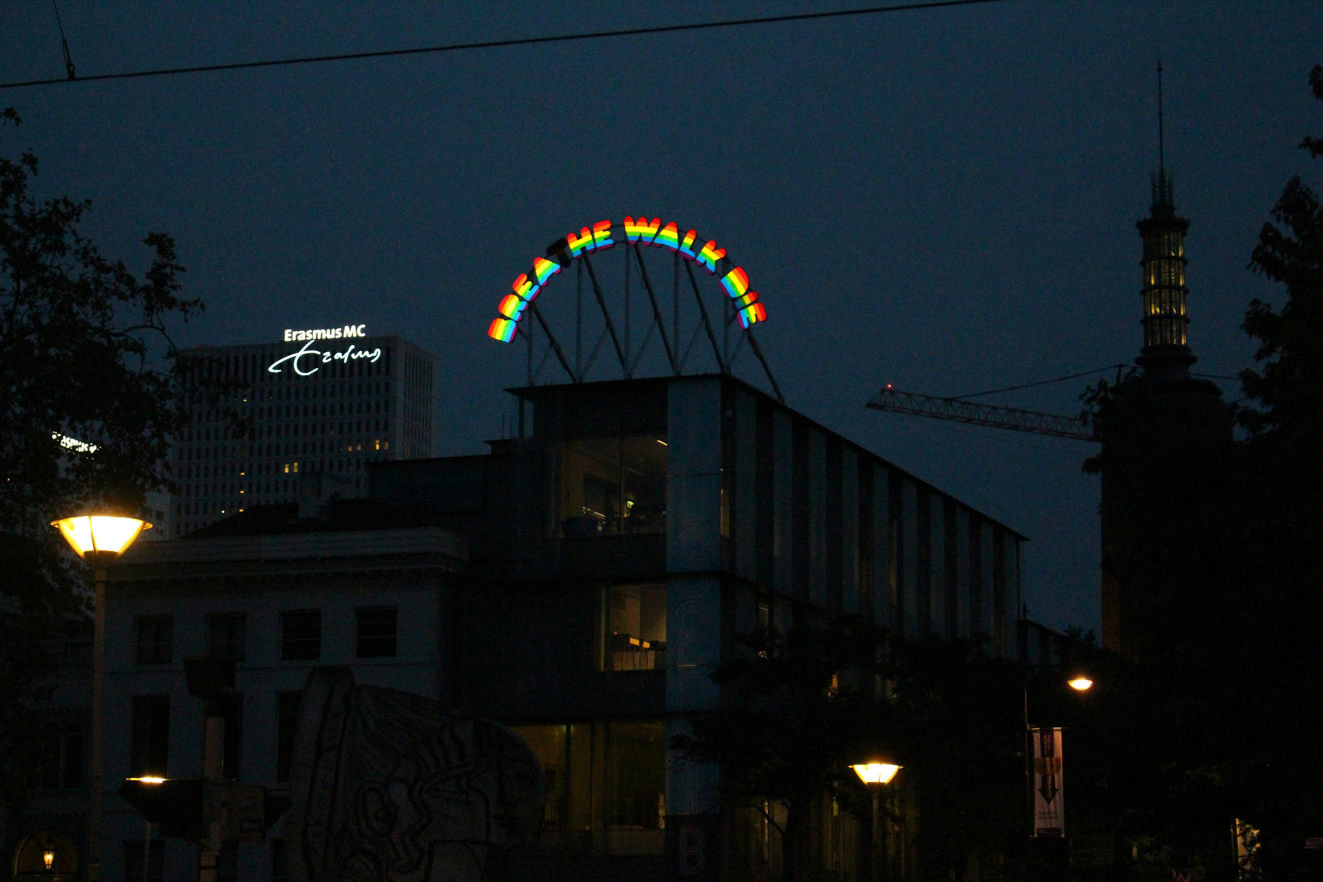 Nighttime Neon Arc: Rainbow Ferris Wheel Crowned Over a Quiet City Block