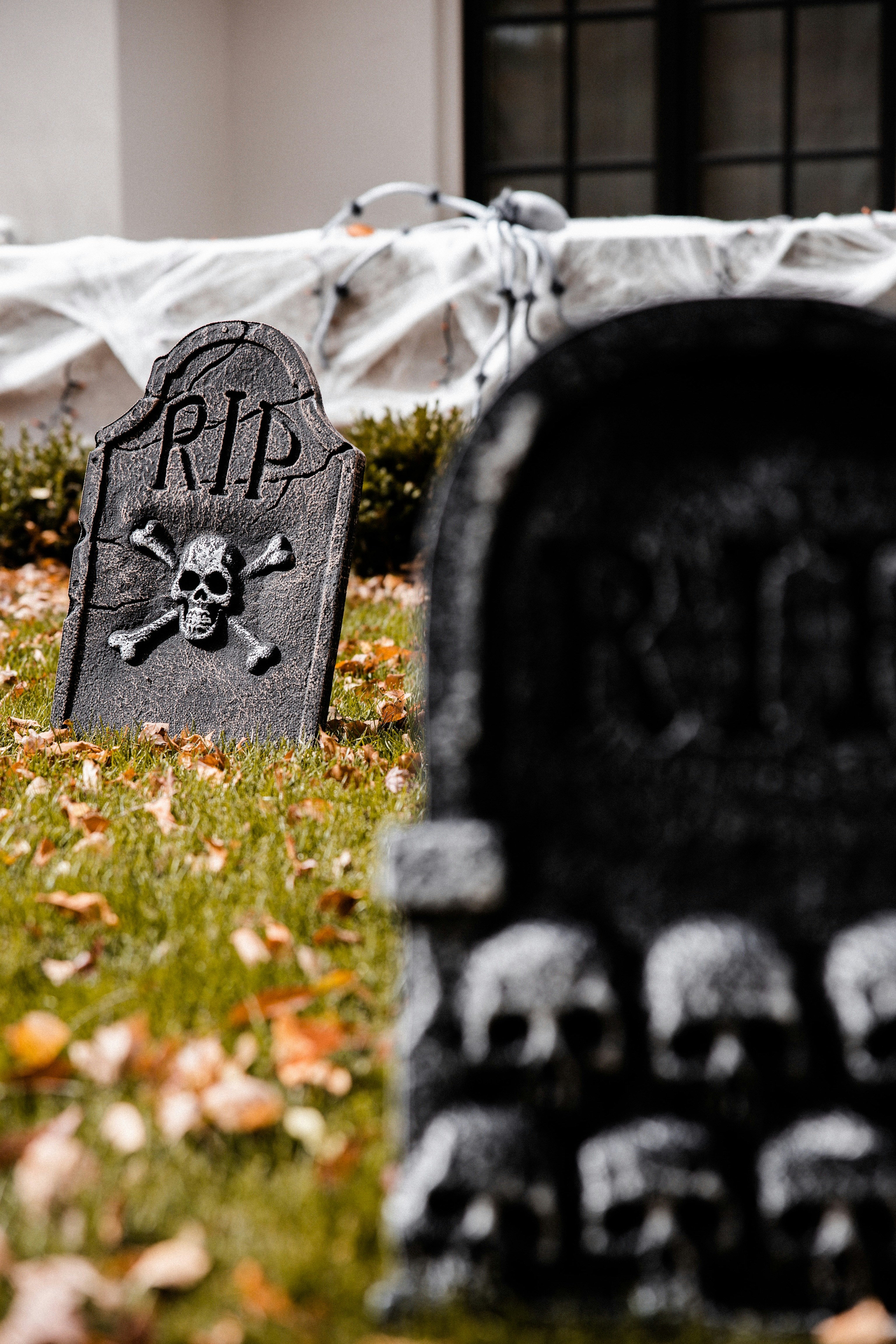 Gravestone marked RIP with skull and crossbones stands in a cemetery among fallen leaves, a blurred foreground tombstone adding depth.
