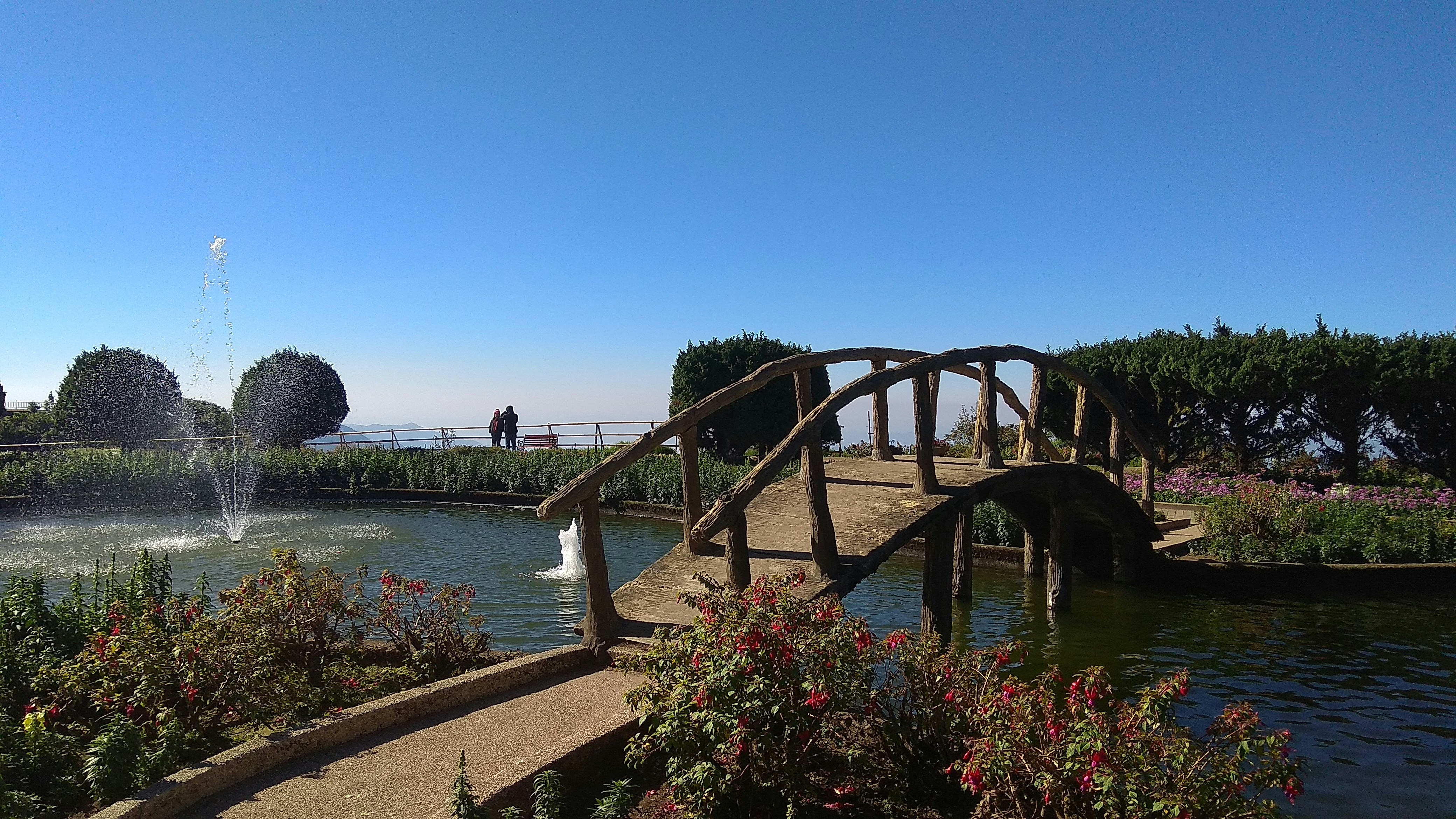 A charming stone bridge arches over a serene pond, surrounded by vibrant flowers and lush greenery, with a gentle fountain adding to the peaceful ambiance.