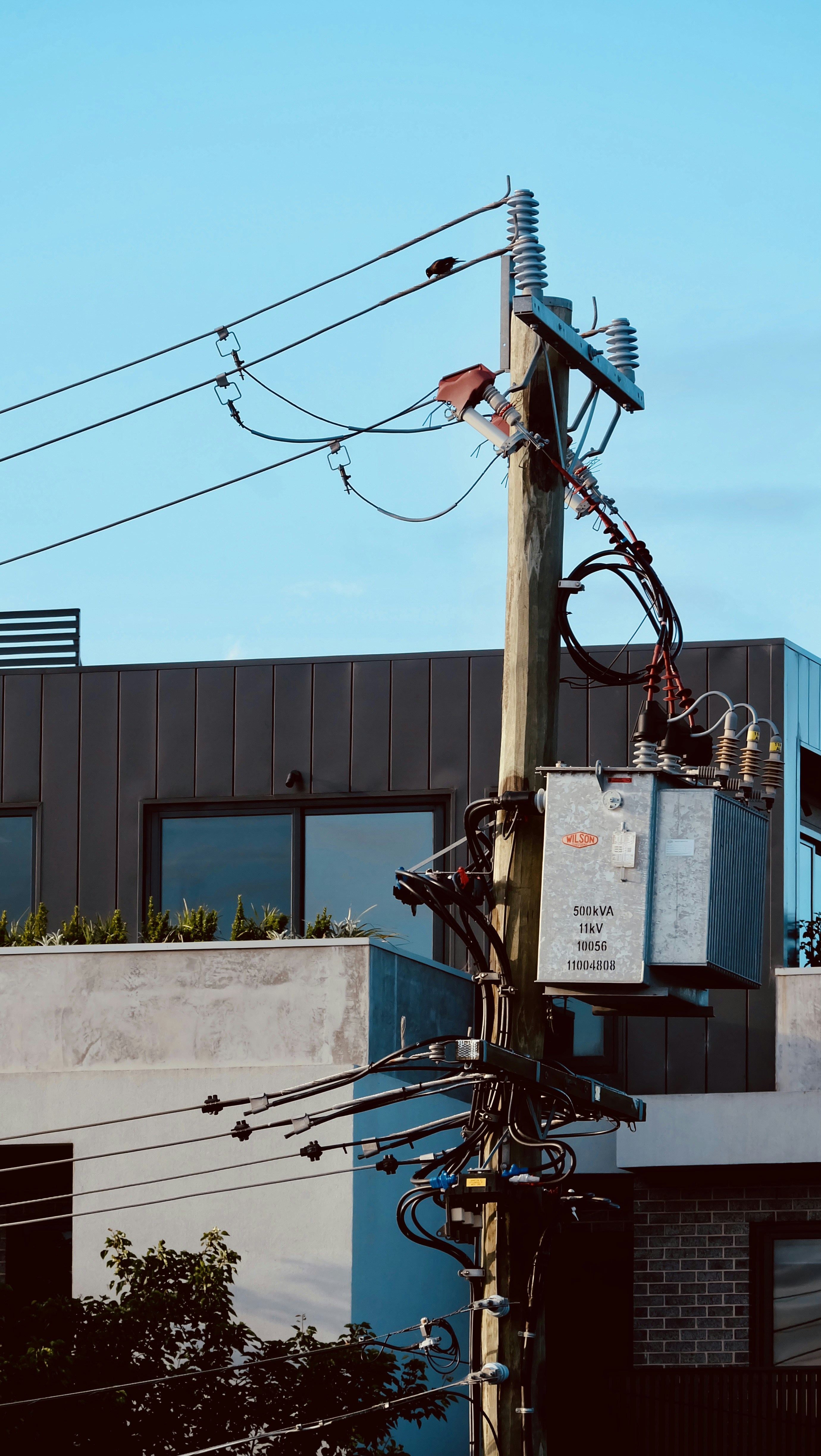Power lines and a transformer juxtaposed against a modern building, showcasing the intersection of infrastructure and architecture.