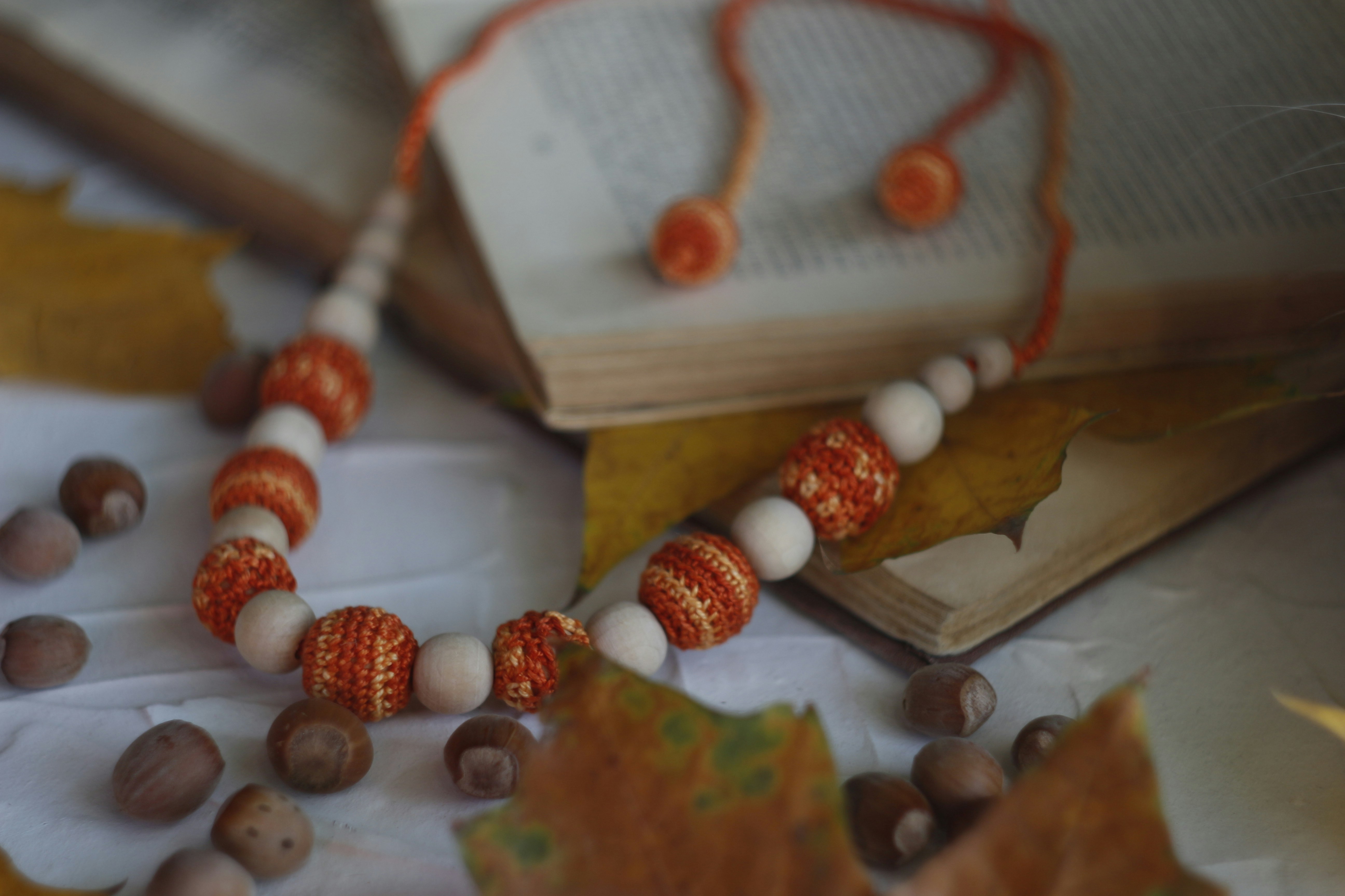Autumn Bead String Crossing Open Pages and Fallen Leaves