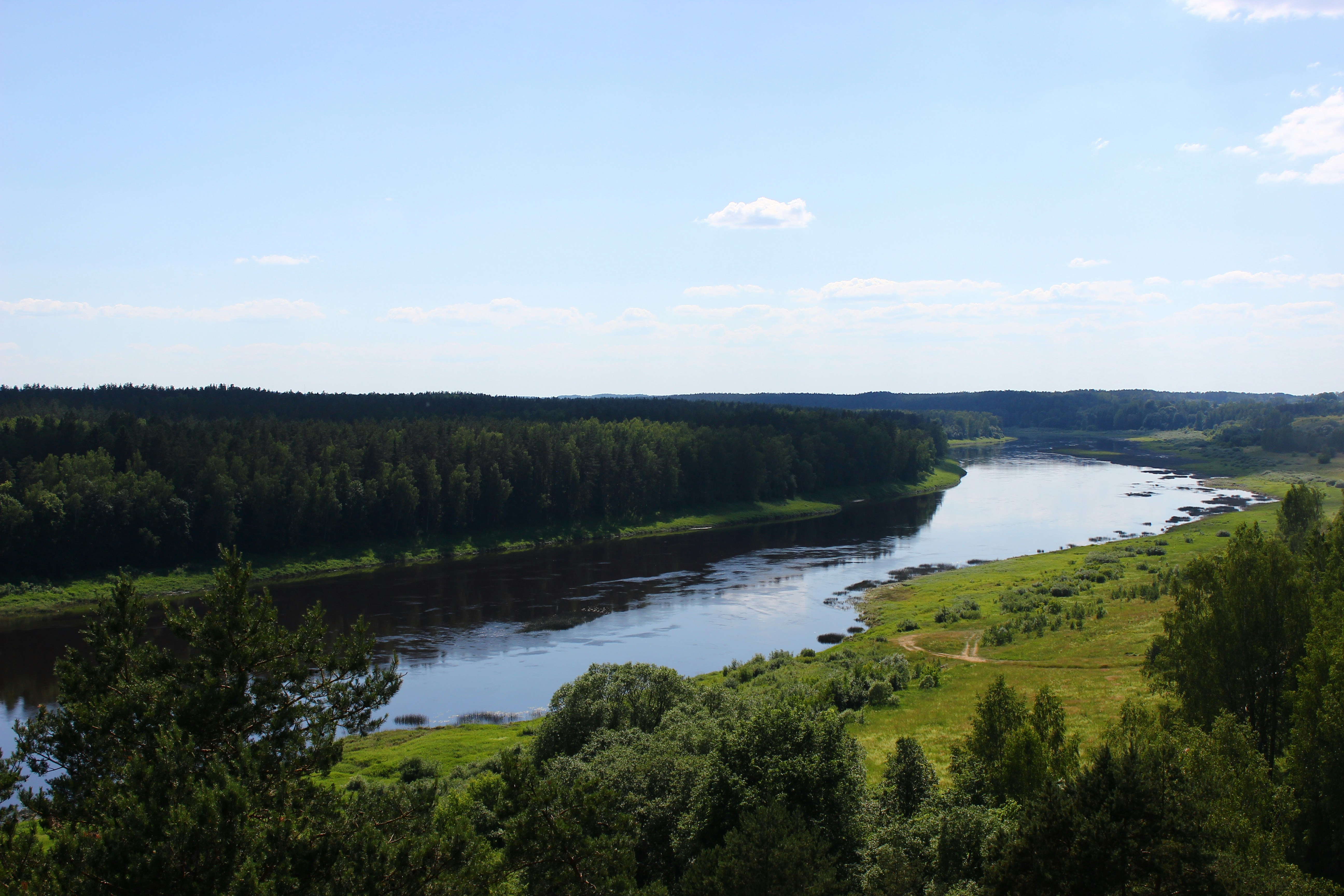 Lush green landscape with a winding river reflecting the blue sky, framed by dense forests. A peaceful scene that highlights the beauty of nature.