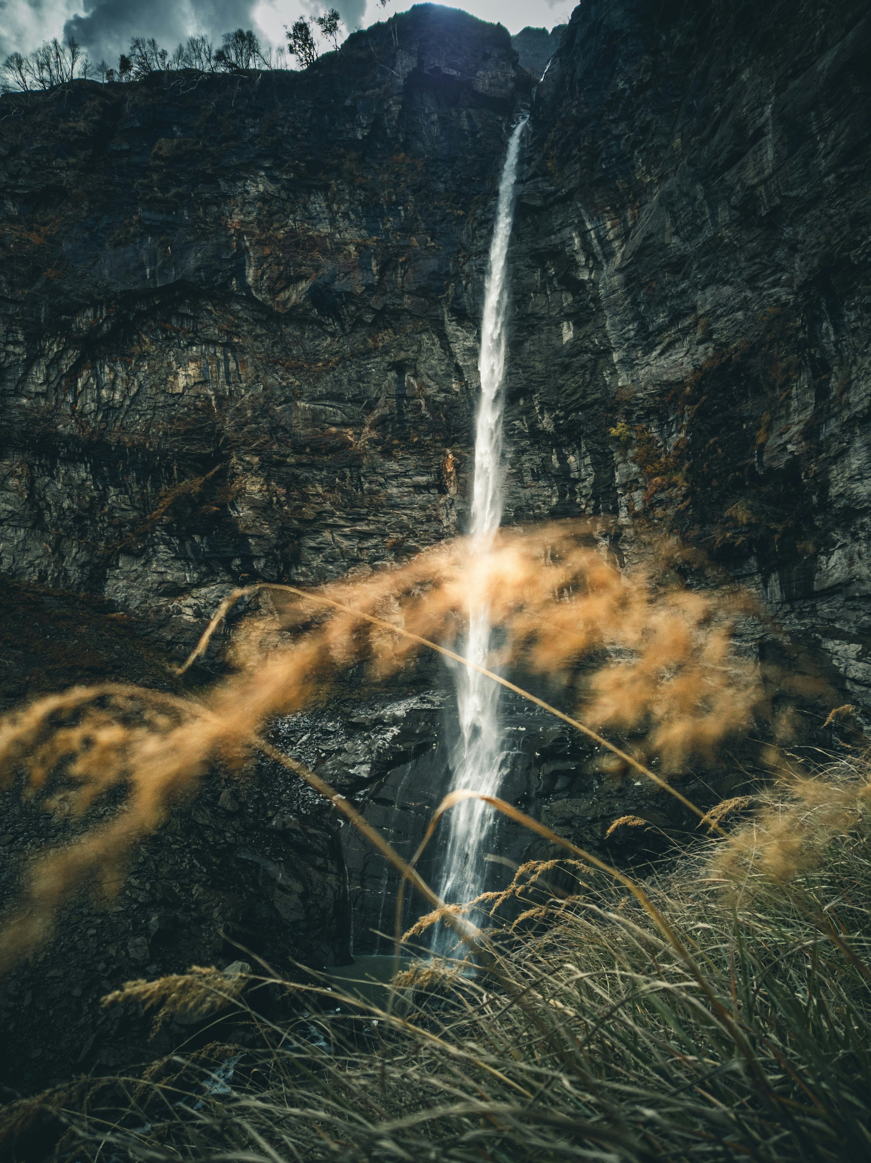 Photograph of a narrow waterfall cascading down a basalt cliff, with windswept grasses in the foreground.