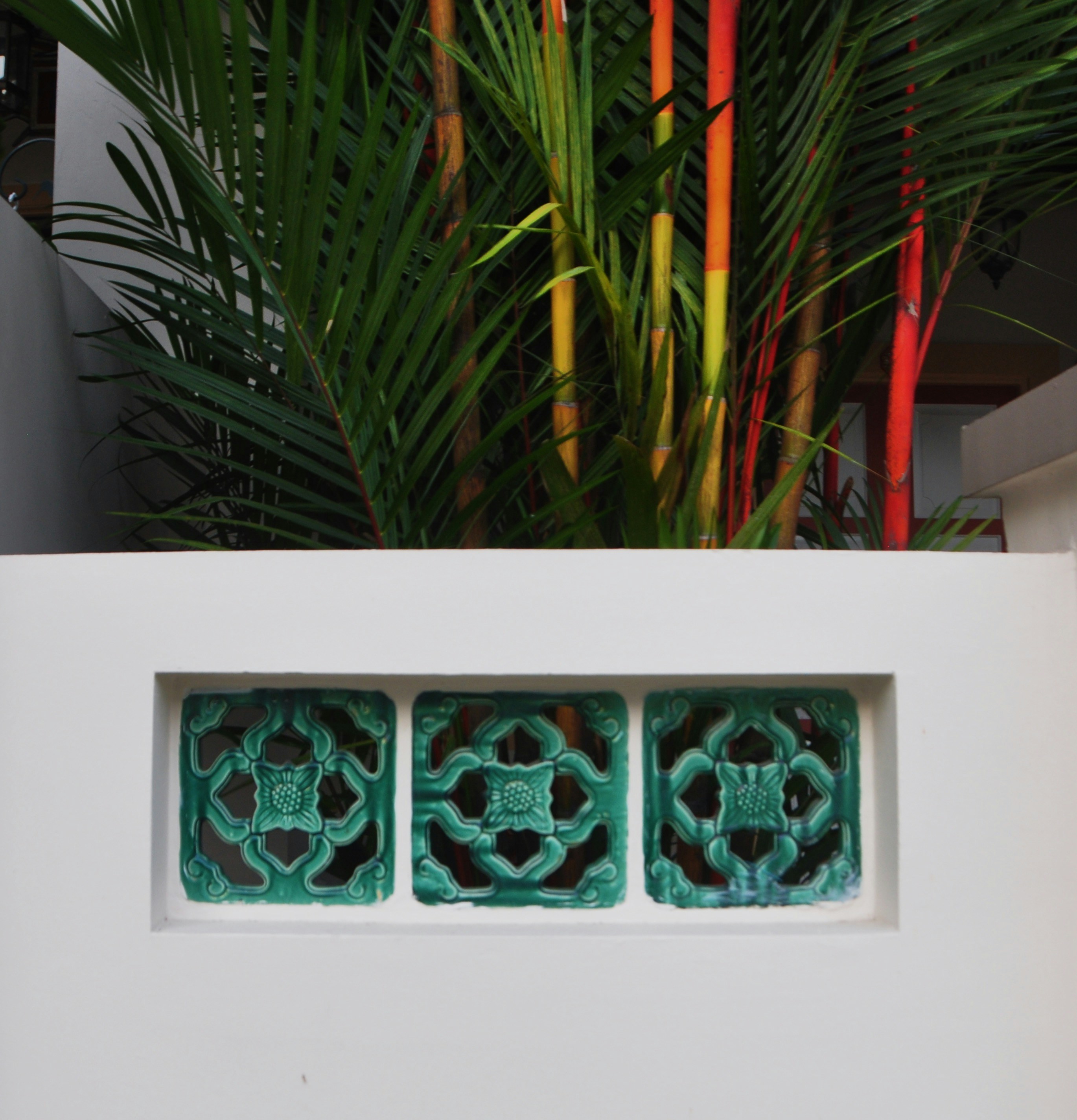 Teal Lattice Tiles Framed by Tropical Fronds in a Minimalist Courtyard