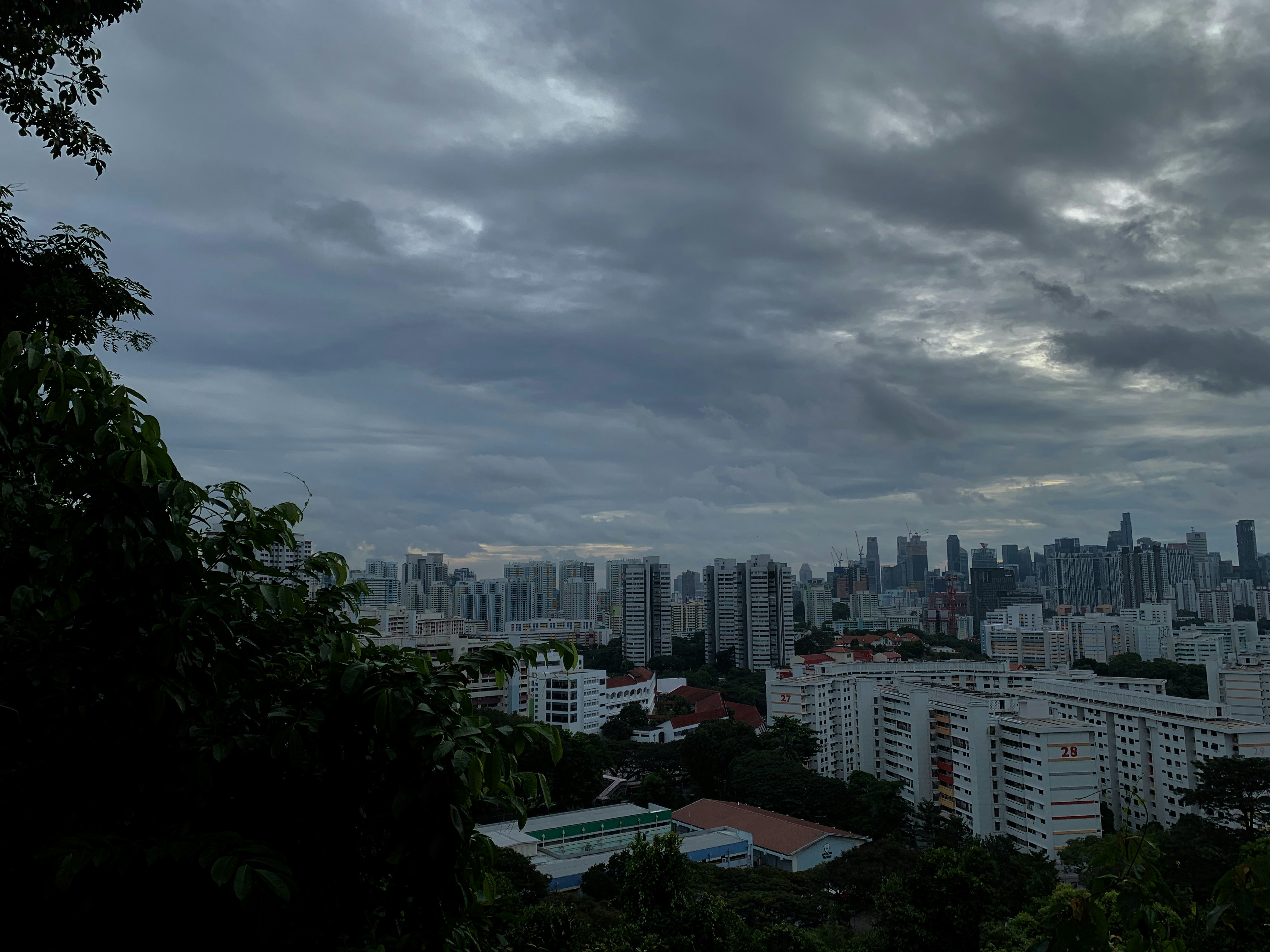 View of a sprawling urban landscape under a dramatic sky, showcasing a blend of modern buildings and lush greenery.
