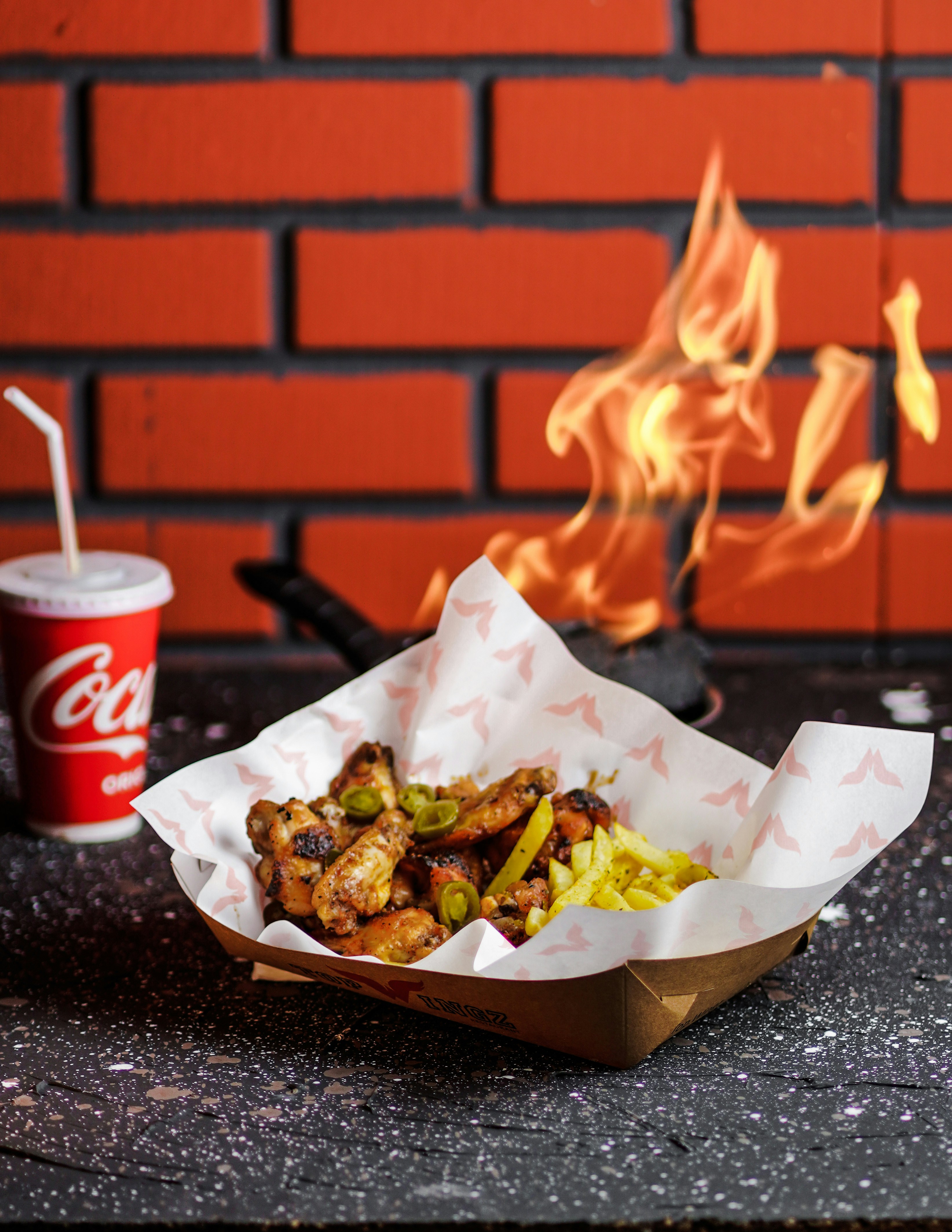 Flame-kissed Crunch: Crispy Chicken Bowl Under a Brick-Red Glow