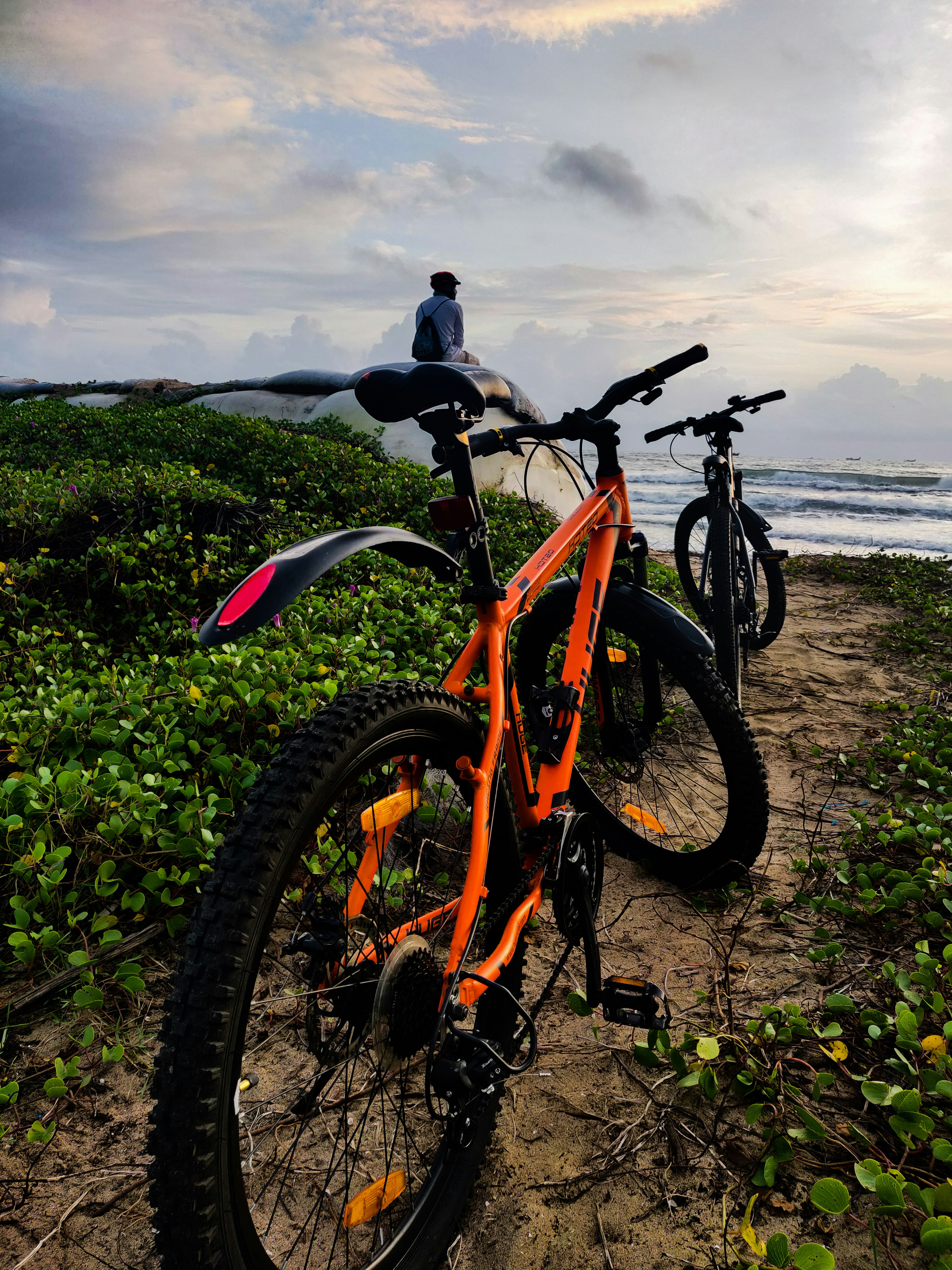 Black and orange mountain bike on green grass field near body of water ...