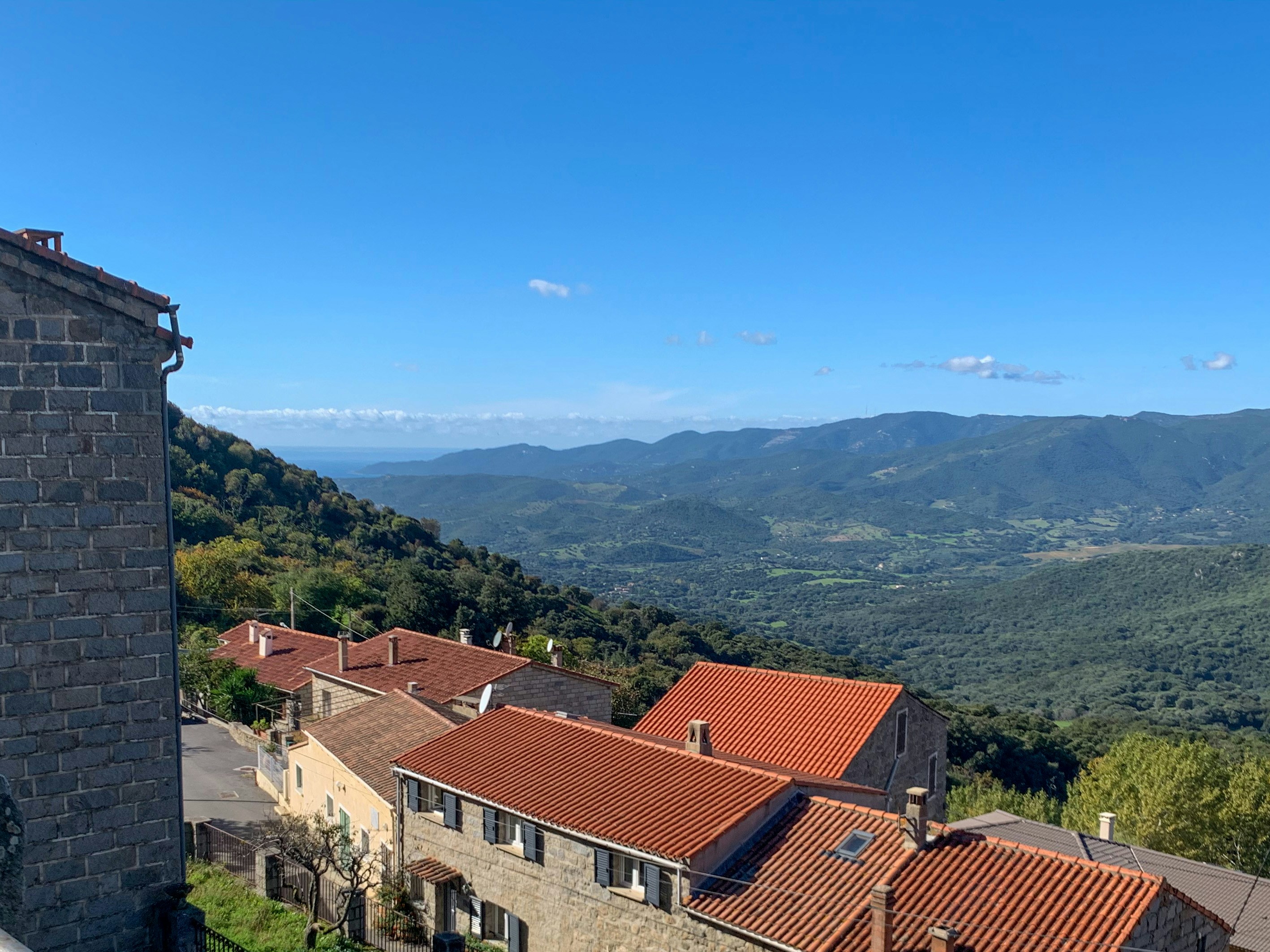 Charming village with terracotta roofs nestled in a lush green landscape under a clear blue sky.