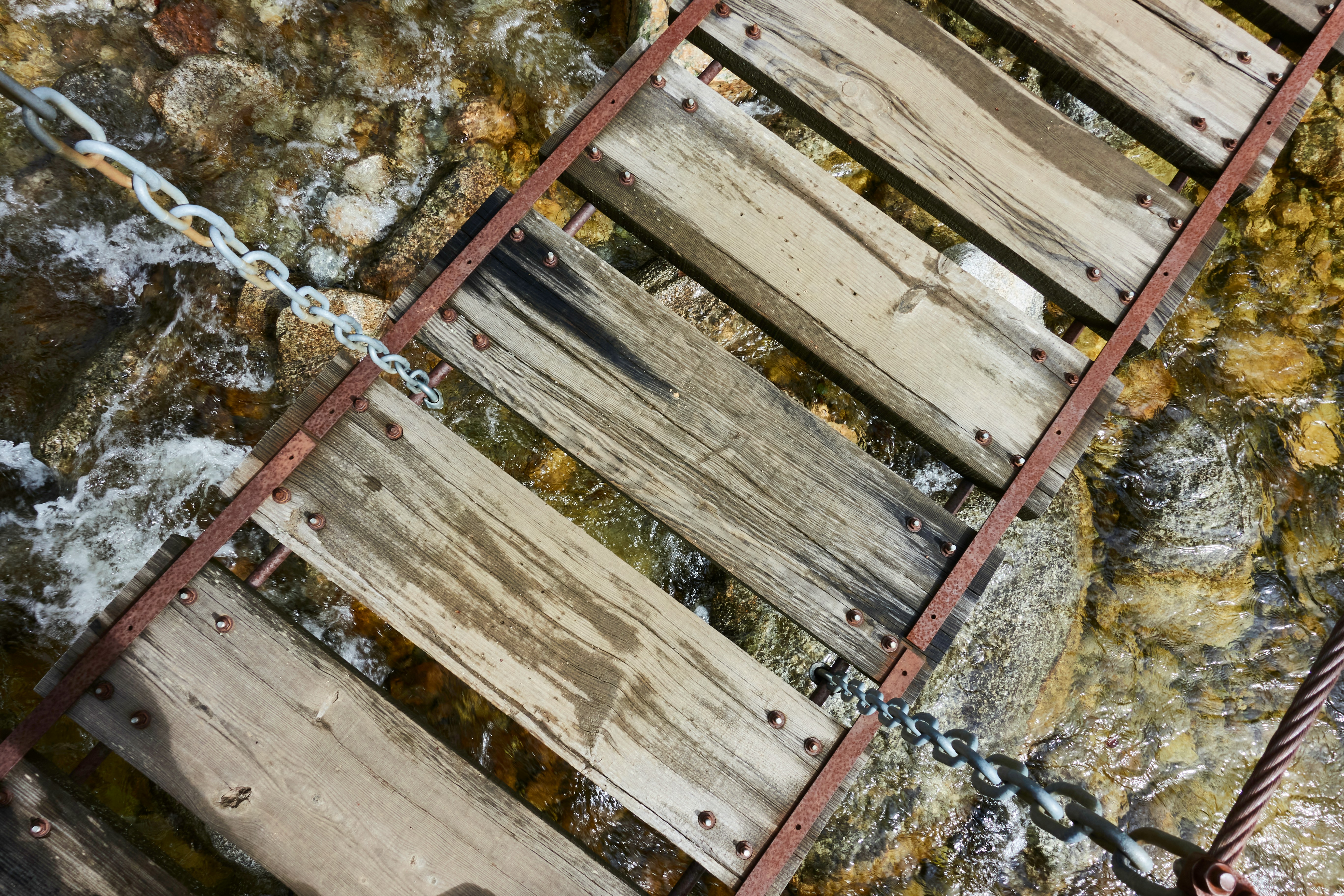 Wooden suspended bridge over a river