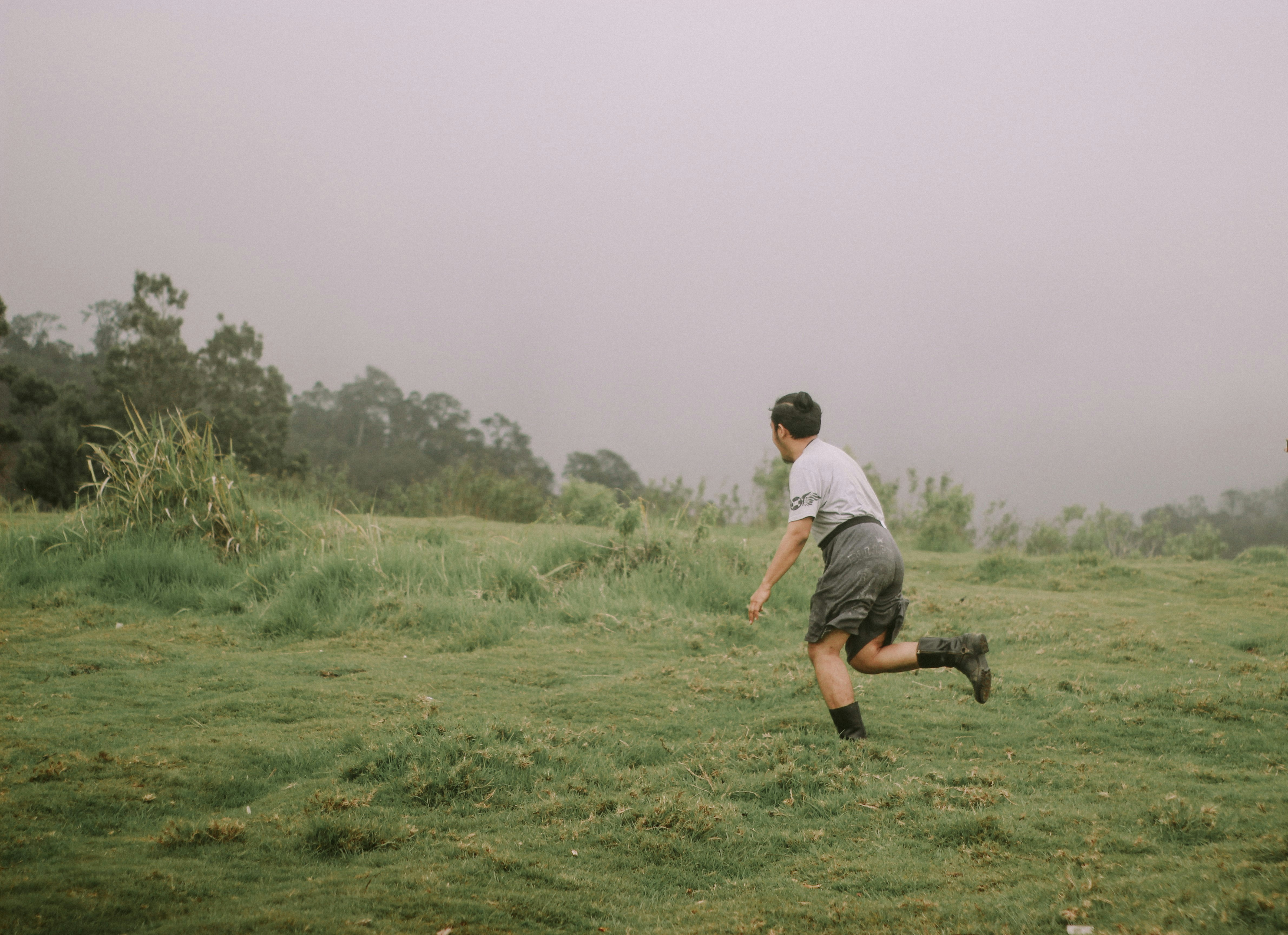 Runner in the Mist: a lone sprint across a fog-softened meadow