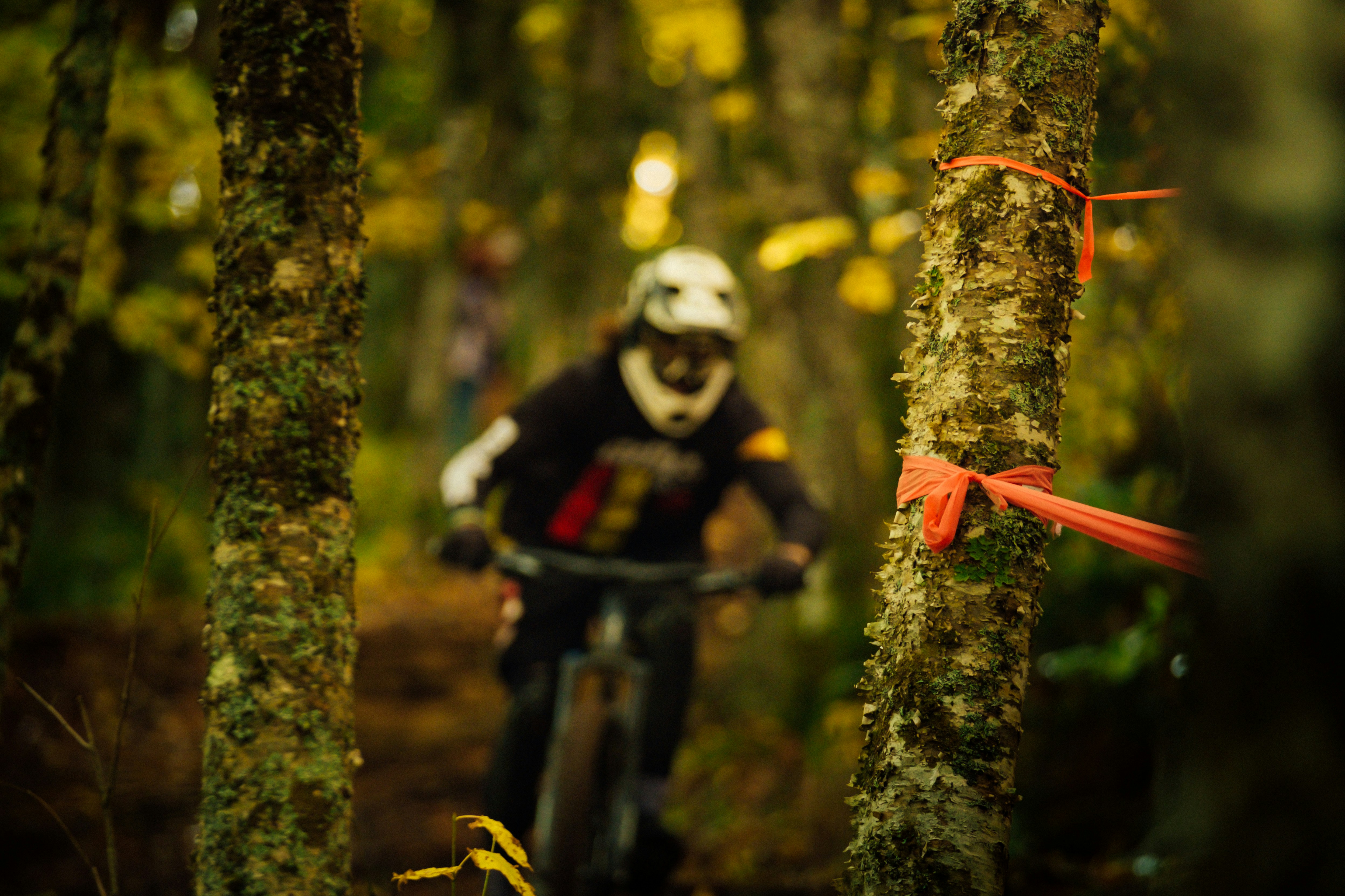 Orange Ribbon Framing a Blurred Downhill Ride