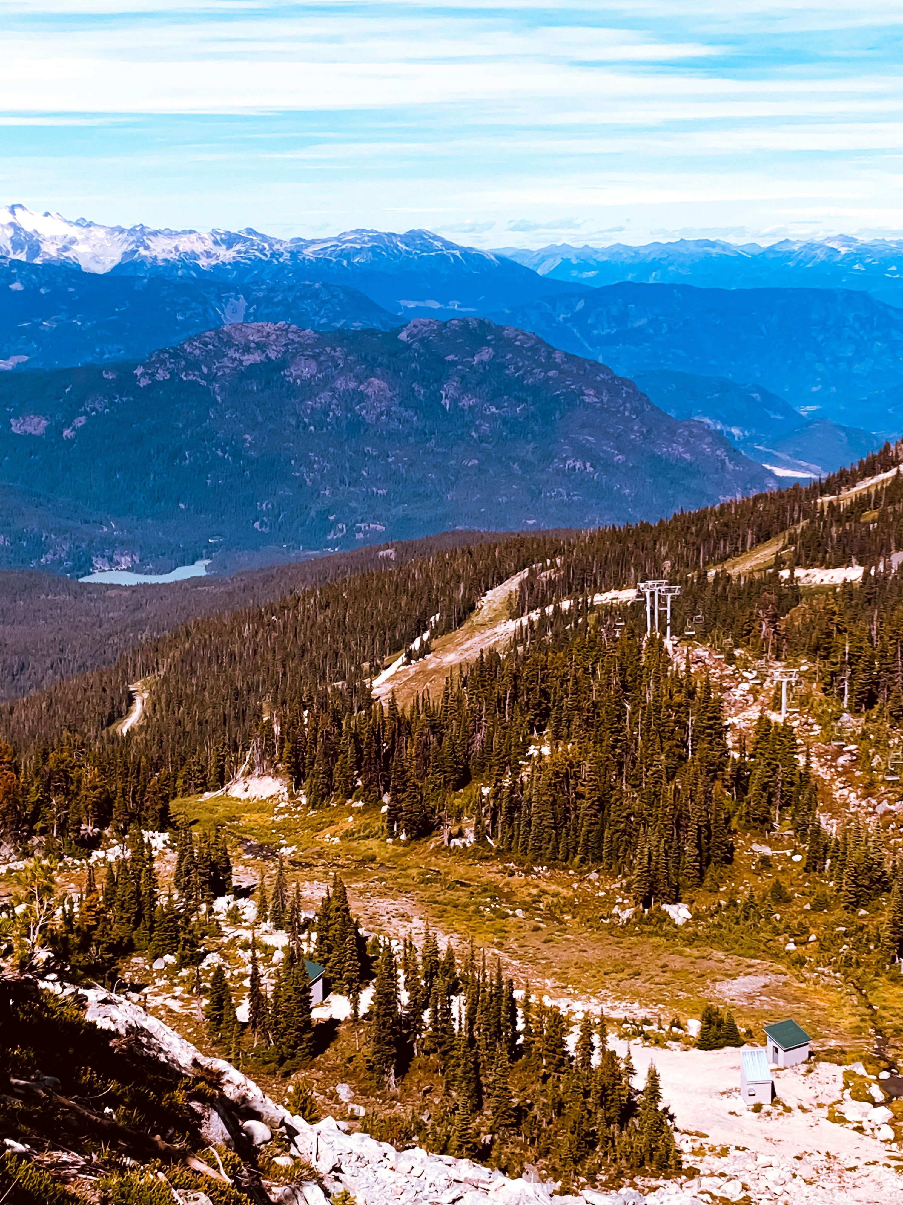 Expansive view of a mountainous landscape with lush greenery and distant peaks under a clear blue sky. Scenic chairlifts and winding trails enhance the sense of adventure.