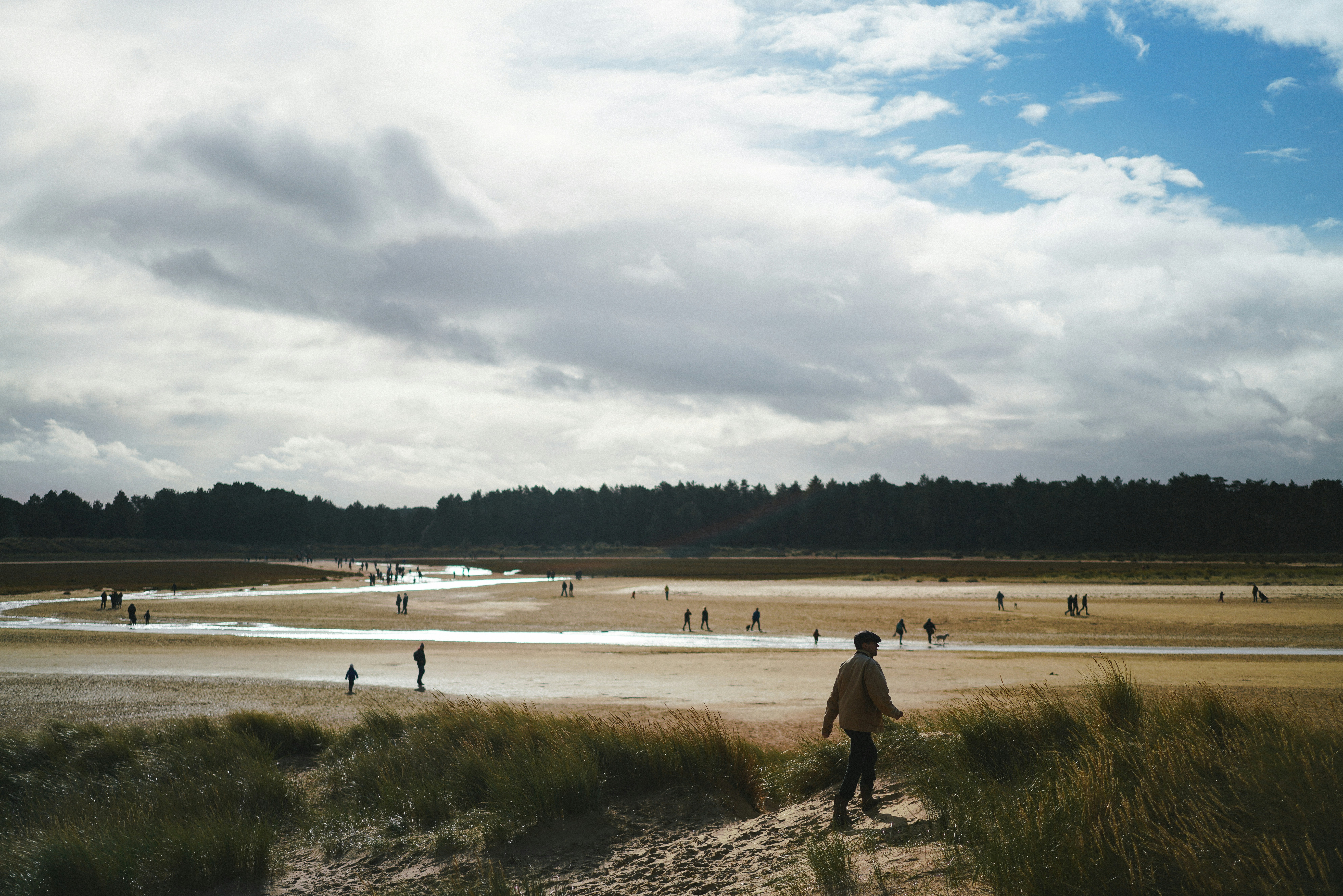 Person walking on a grassy field under a cloudy sky with distant trees.