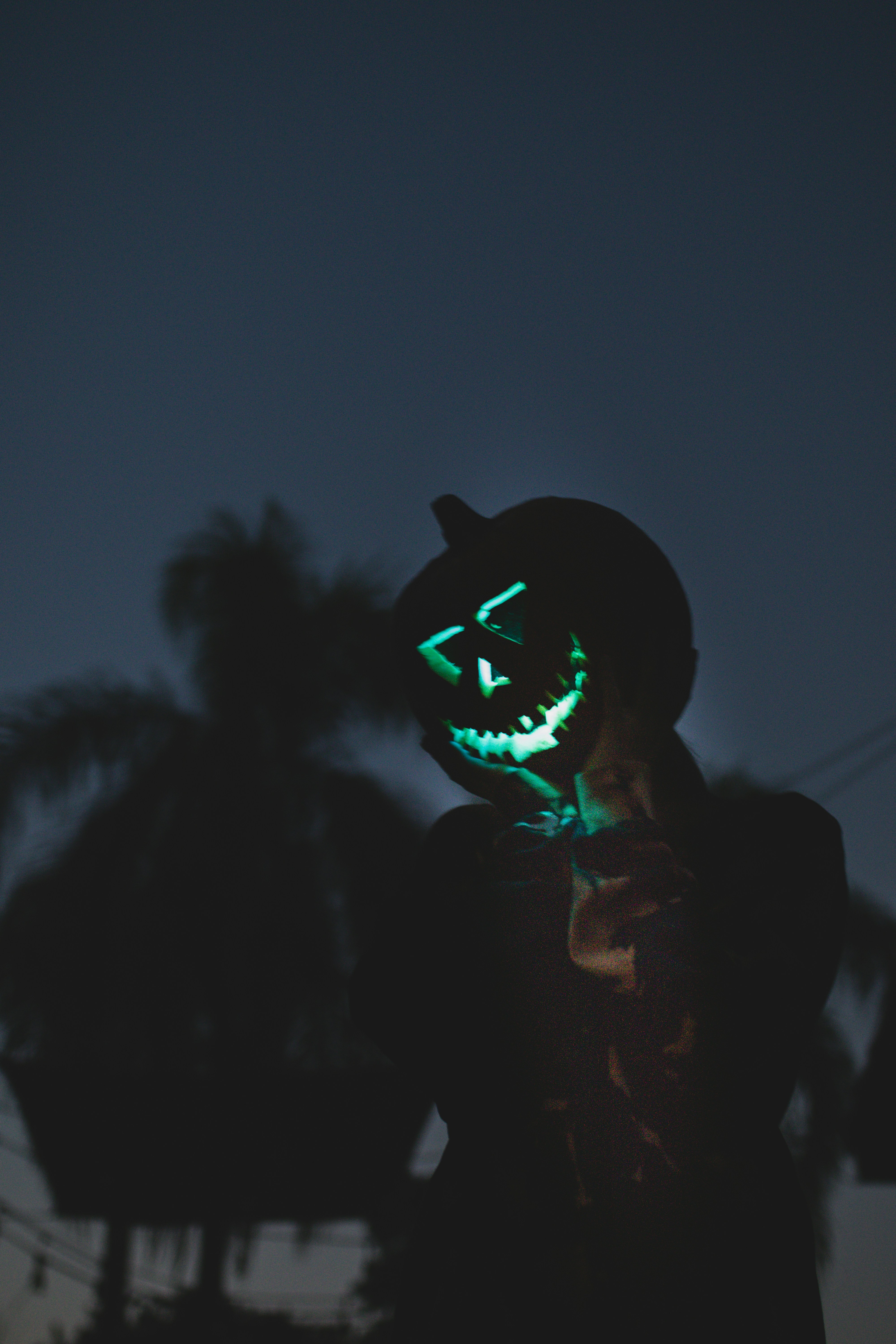 Neon-Grinned Pumpkin Warrior Beneath Palm Shadows at Dusk