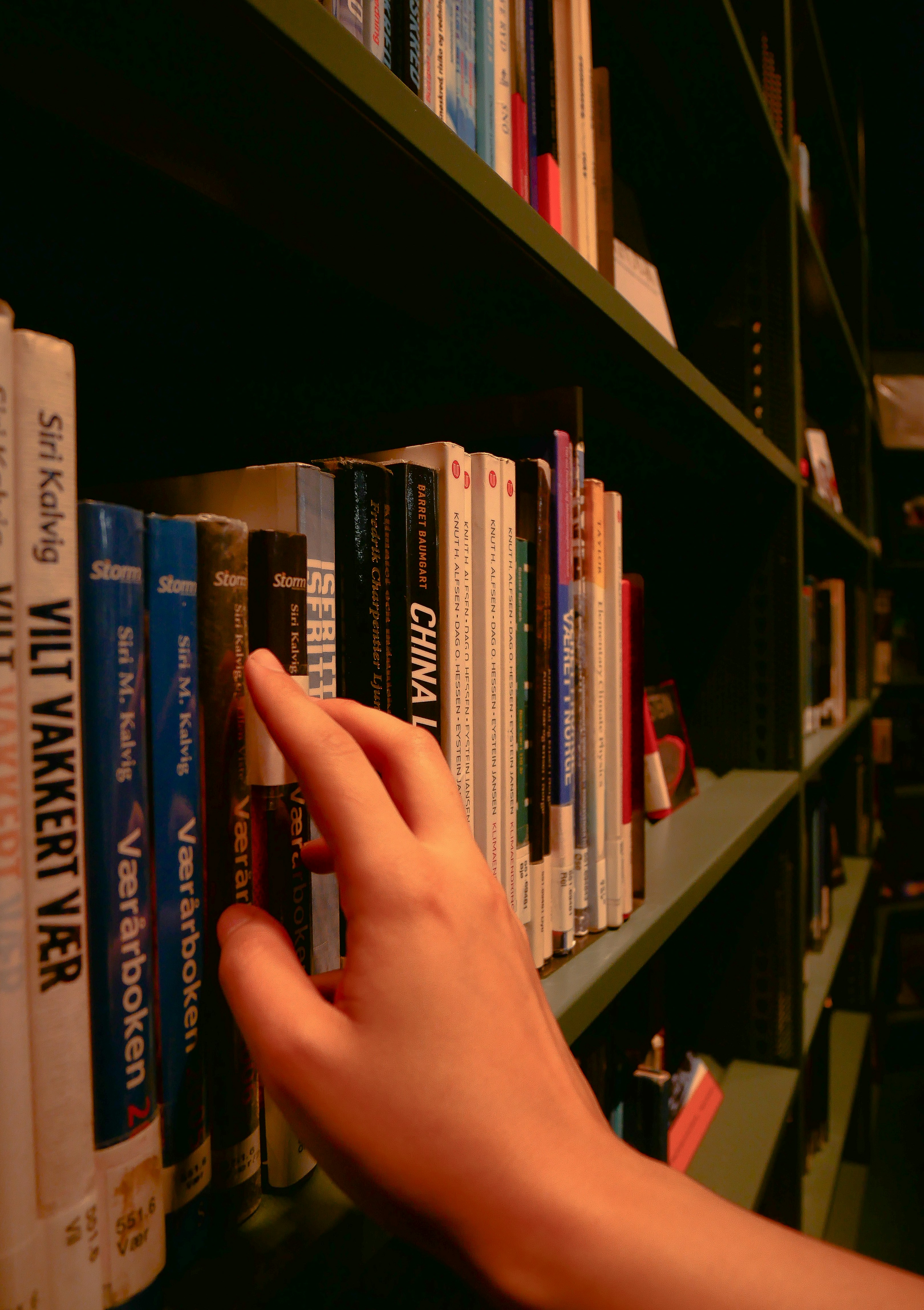 Touching the Spine: A Hand Reaches for a Book in a Quiet Library Aisle