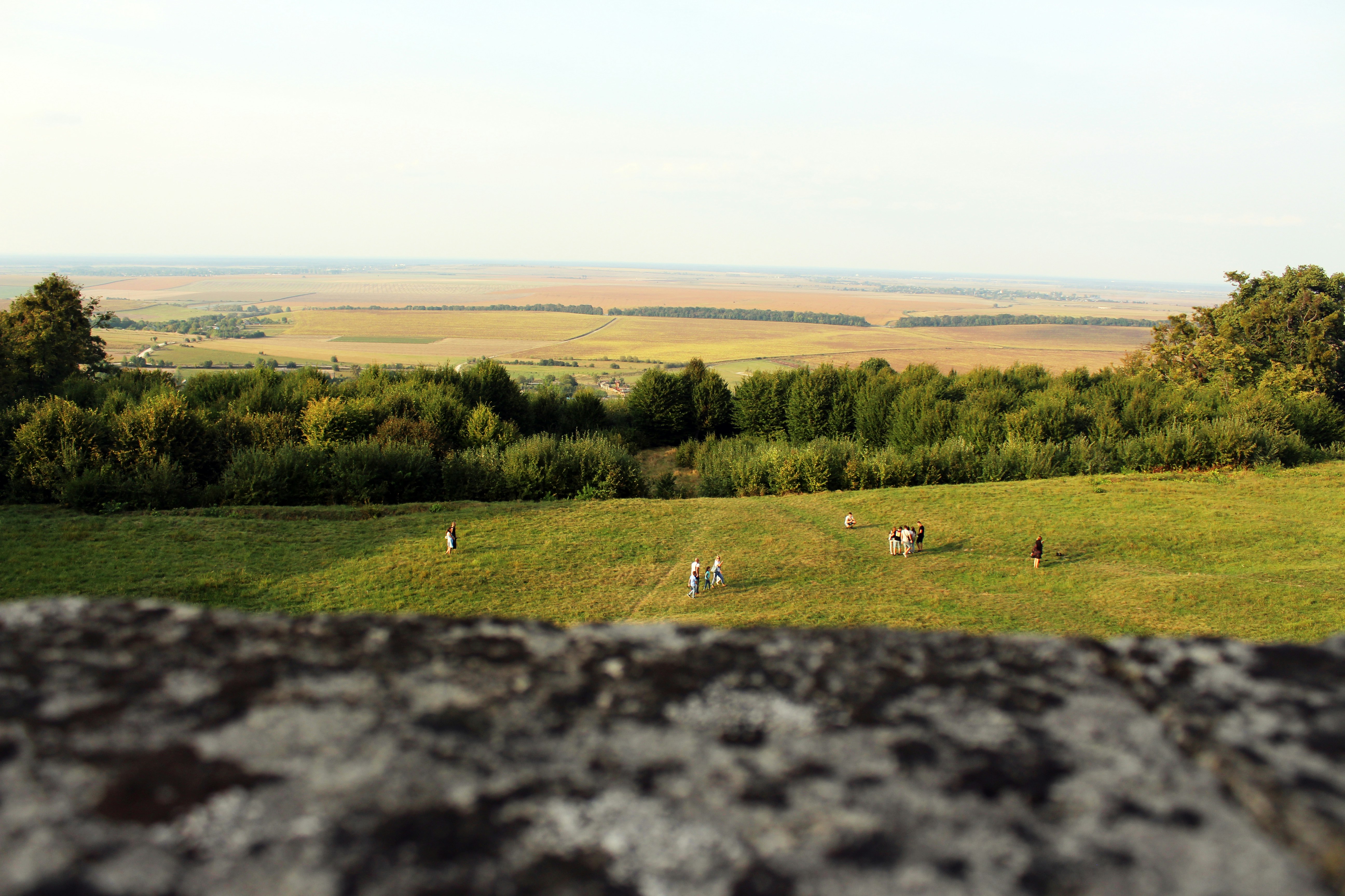 Expansive view of rolling fields and distant trees, with people leisurely enjoying the landscape. The scene captures the tranquility of nature.
