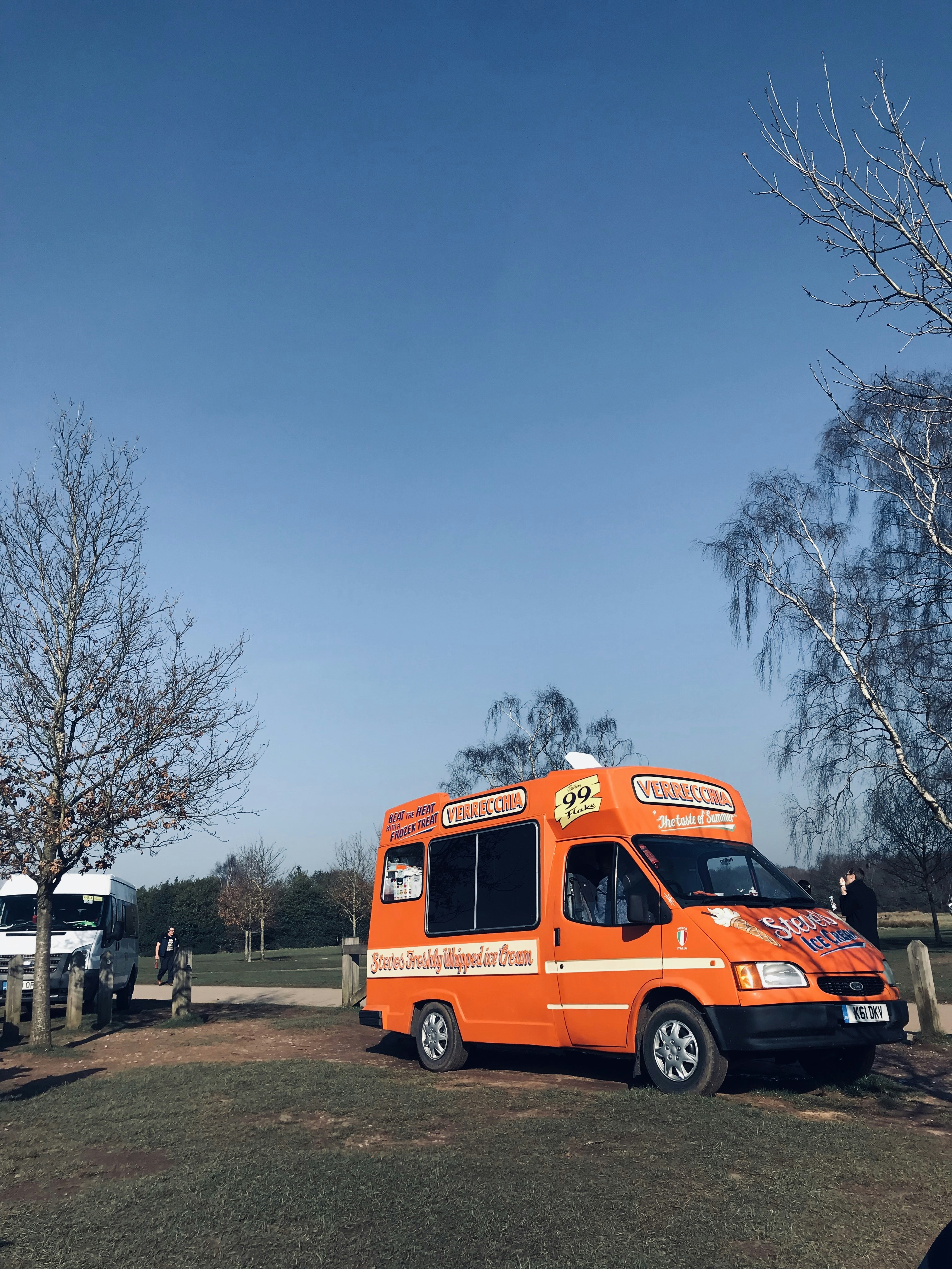 Orange food truck on a park lawn under a clear blue sky