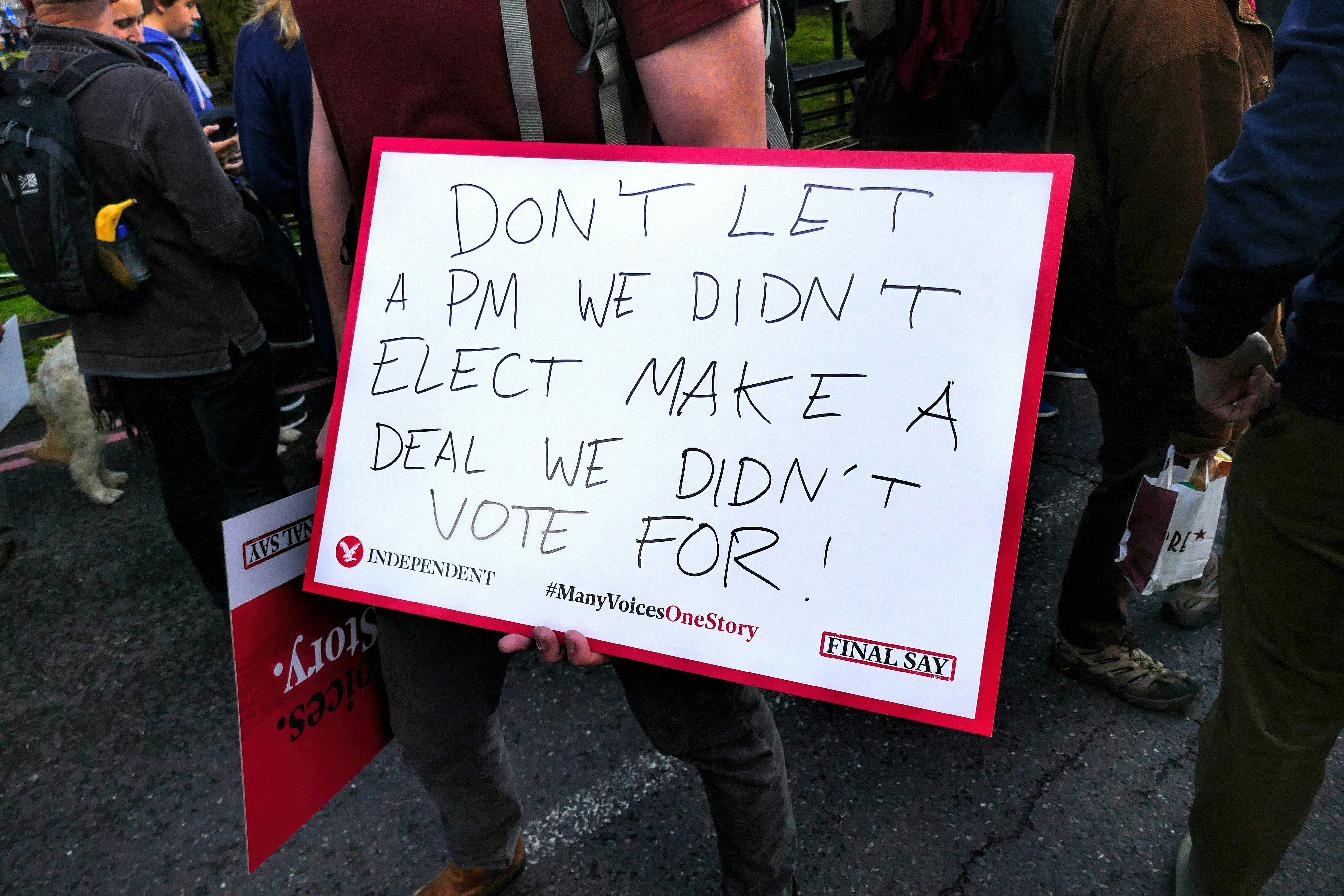 Protest sign reading 'DON'T LET A PM WE DIDN'T ELECT MAKE A DEAL WE DIDN'T VOTE FOR!' during a demonstration.