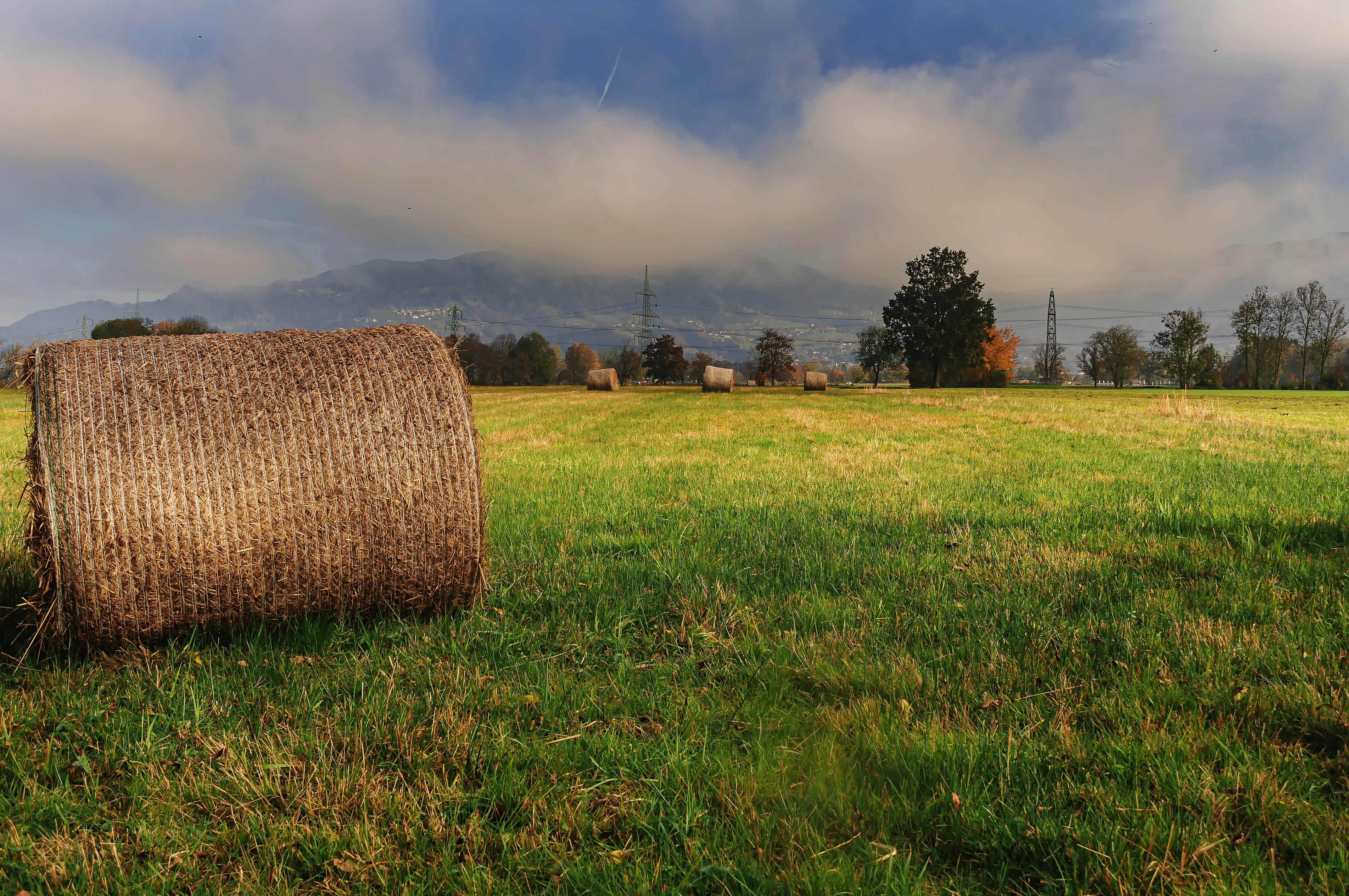 Hay bales dot a verdant field beneath a cloudy sky and distant mountains.