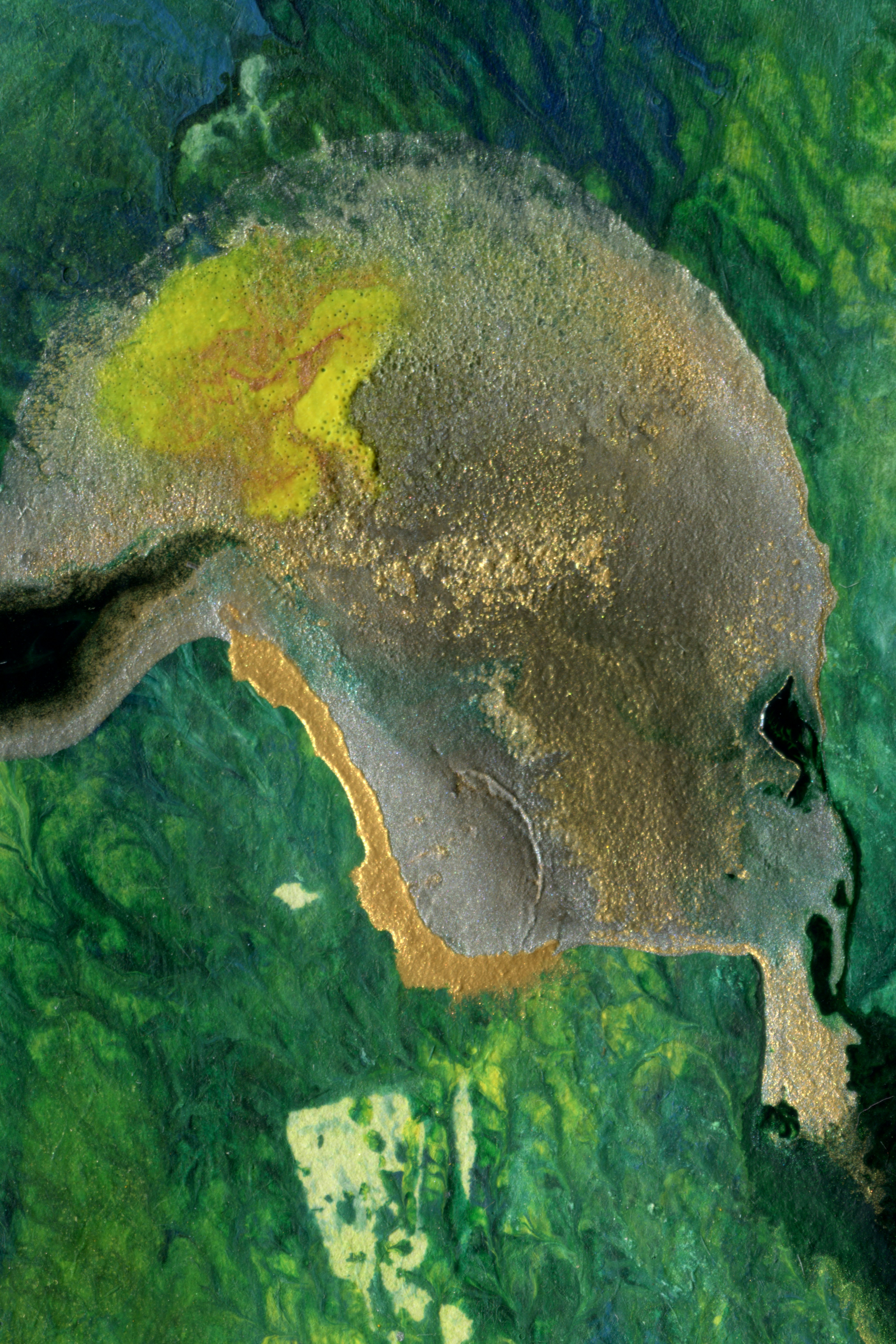 Abstract depiction of vibrant colors and textures resembling a natural landscape, featuring golden and green hues. This illustration invites exploration of organic forms and patterns.