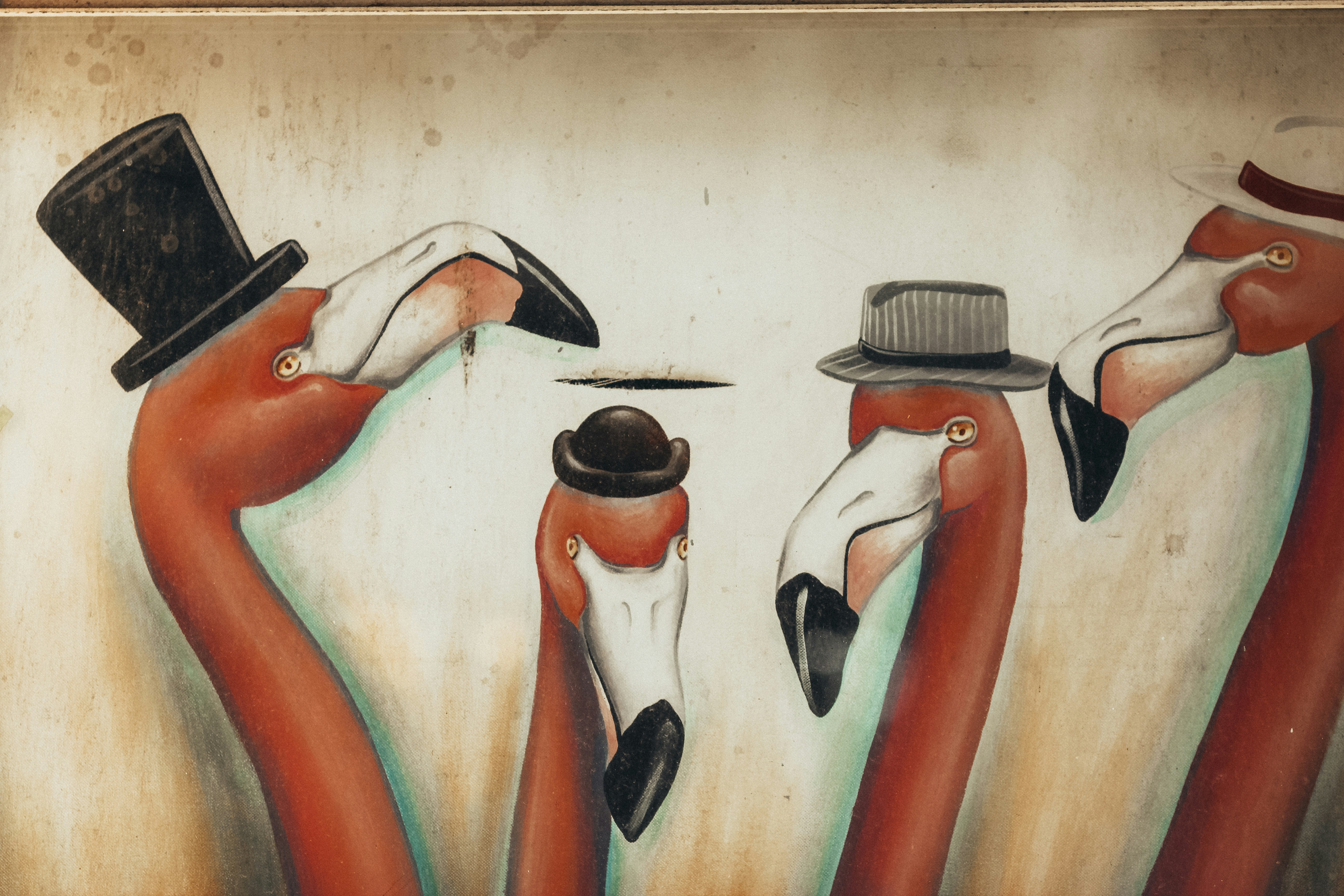 Hatted Flamingos in a Whimsical Parade