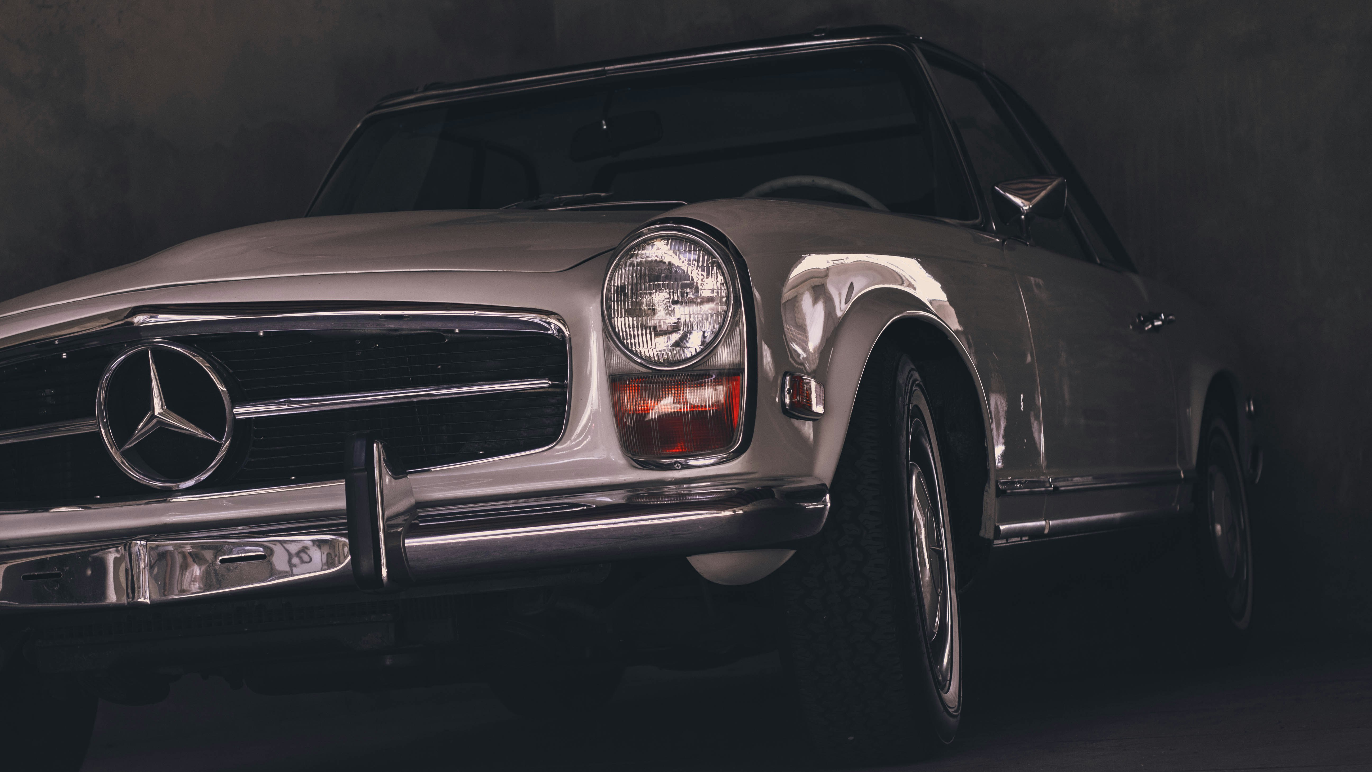 Chrome in the Shadow: Front Quarter of a Vintage Mercedes