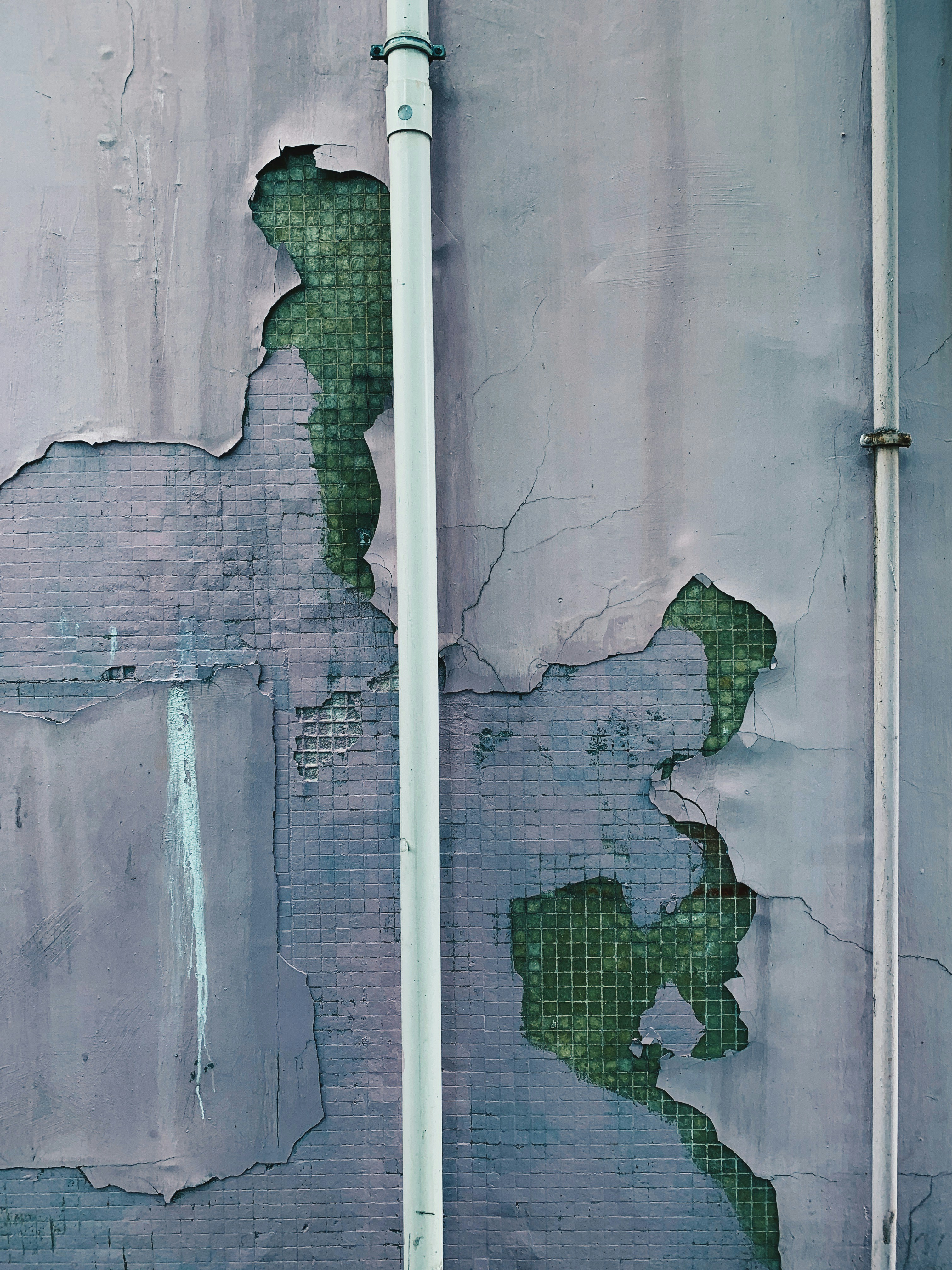 Conduits and Cracks: Green Tiles Peeking Through a Weathered Wall