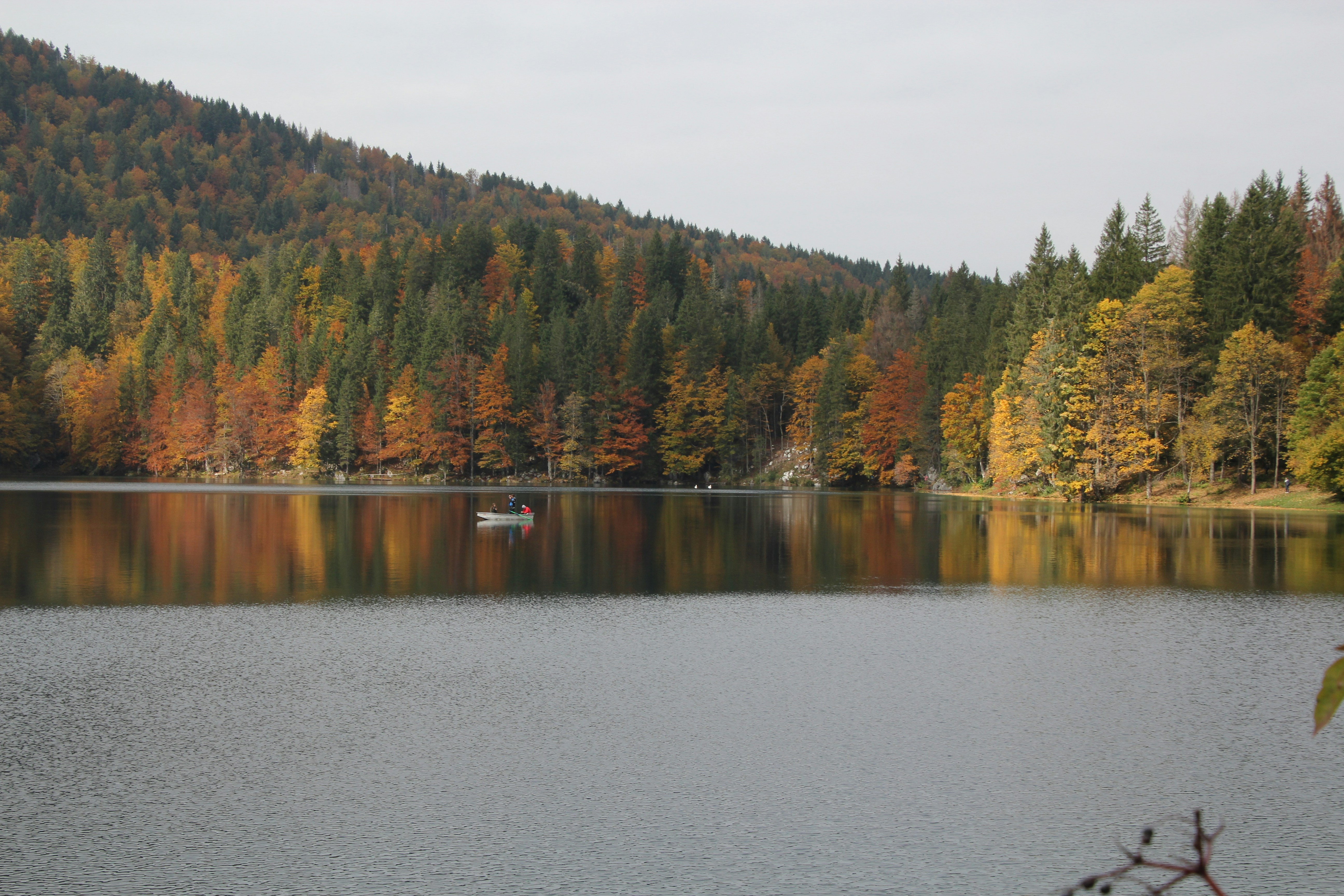 reflection of colorful fall trees in Lake Fusine 