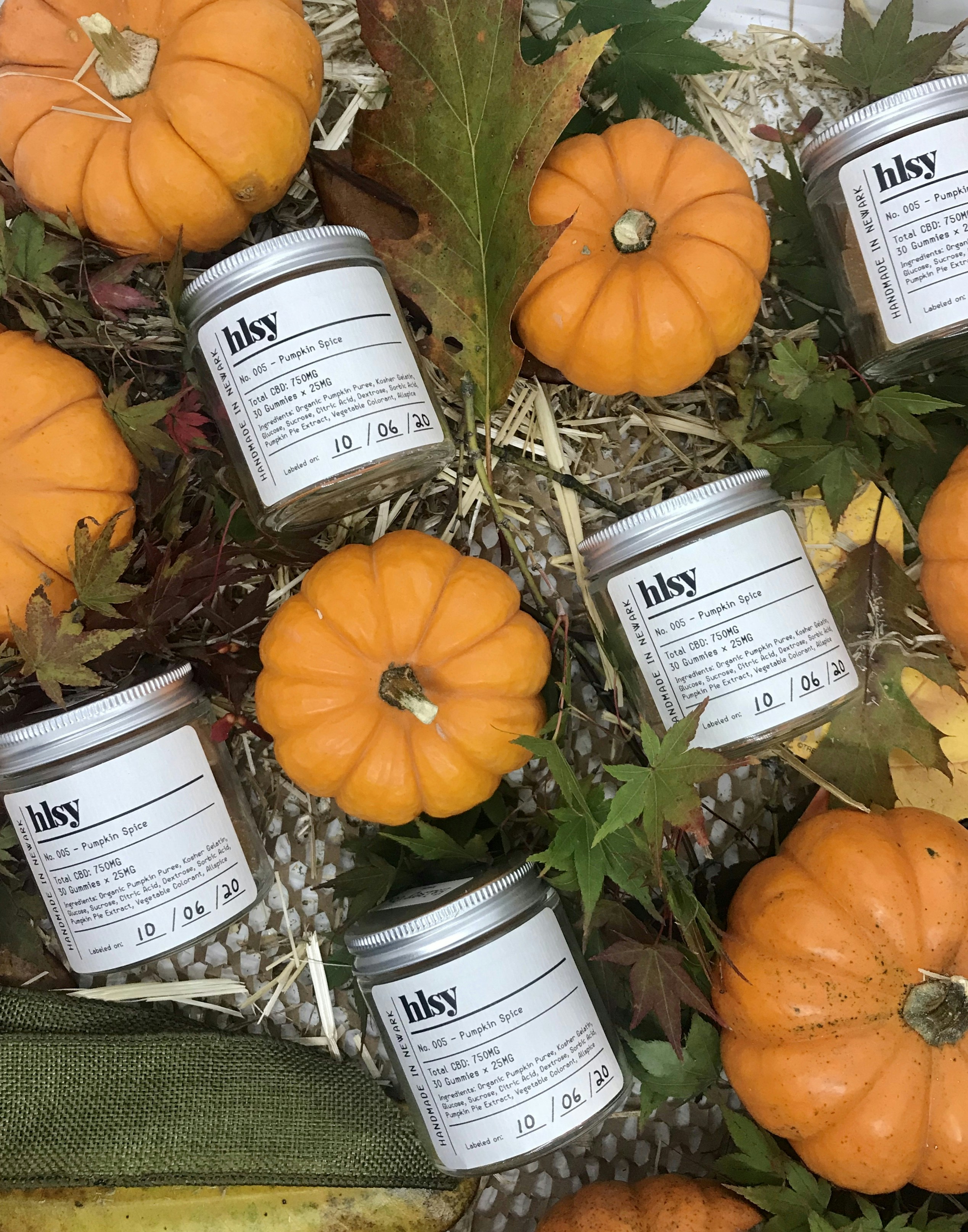 Pumpkin mosaic with labeled jars among autumn foliage
