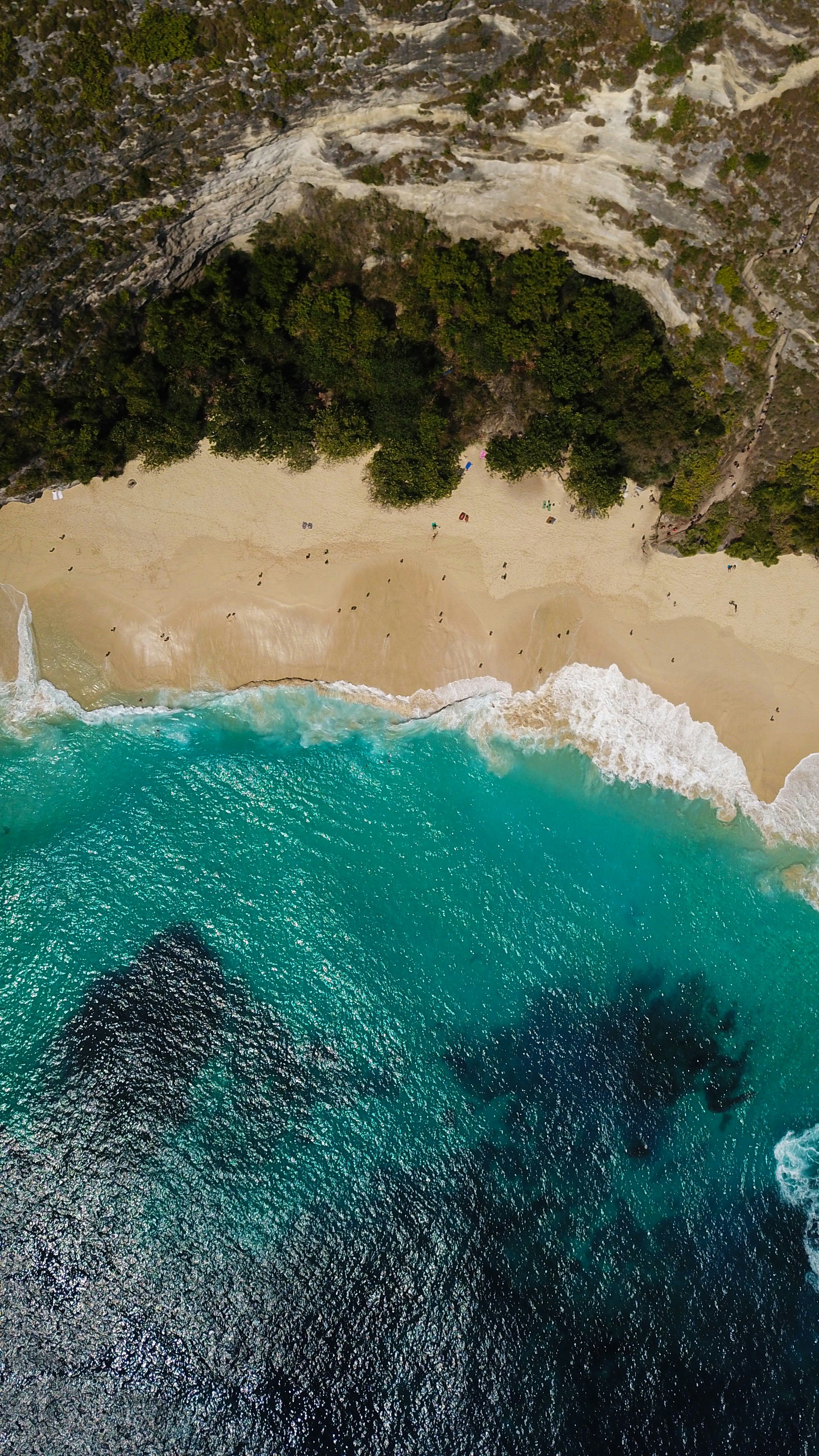 Aerial view of a tranquil beach with golden sand bordered by lush greenery and turquoise waves gently lapping the shore.