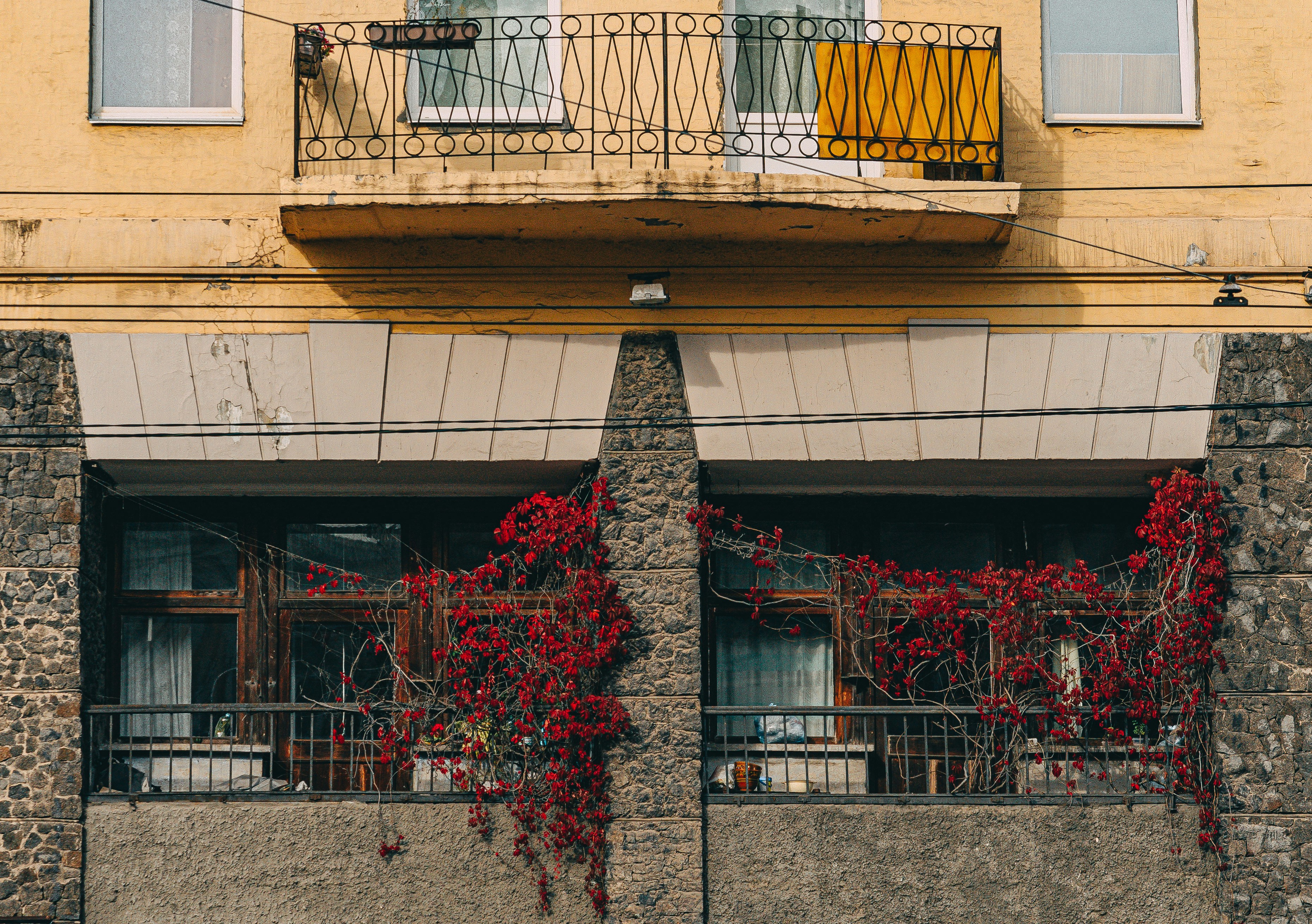Vibrant bougainvillea cascades over a stone balcony, contrasting with the warm yellow facade of a building. The scene captures the interplay between nature and urban life.