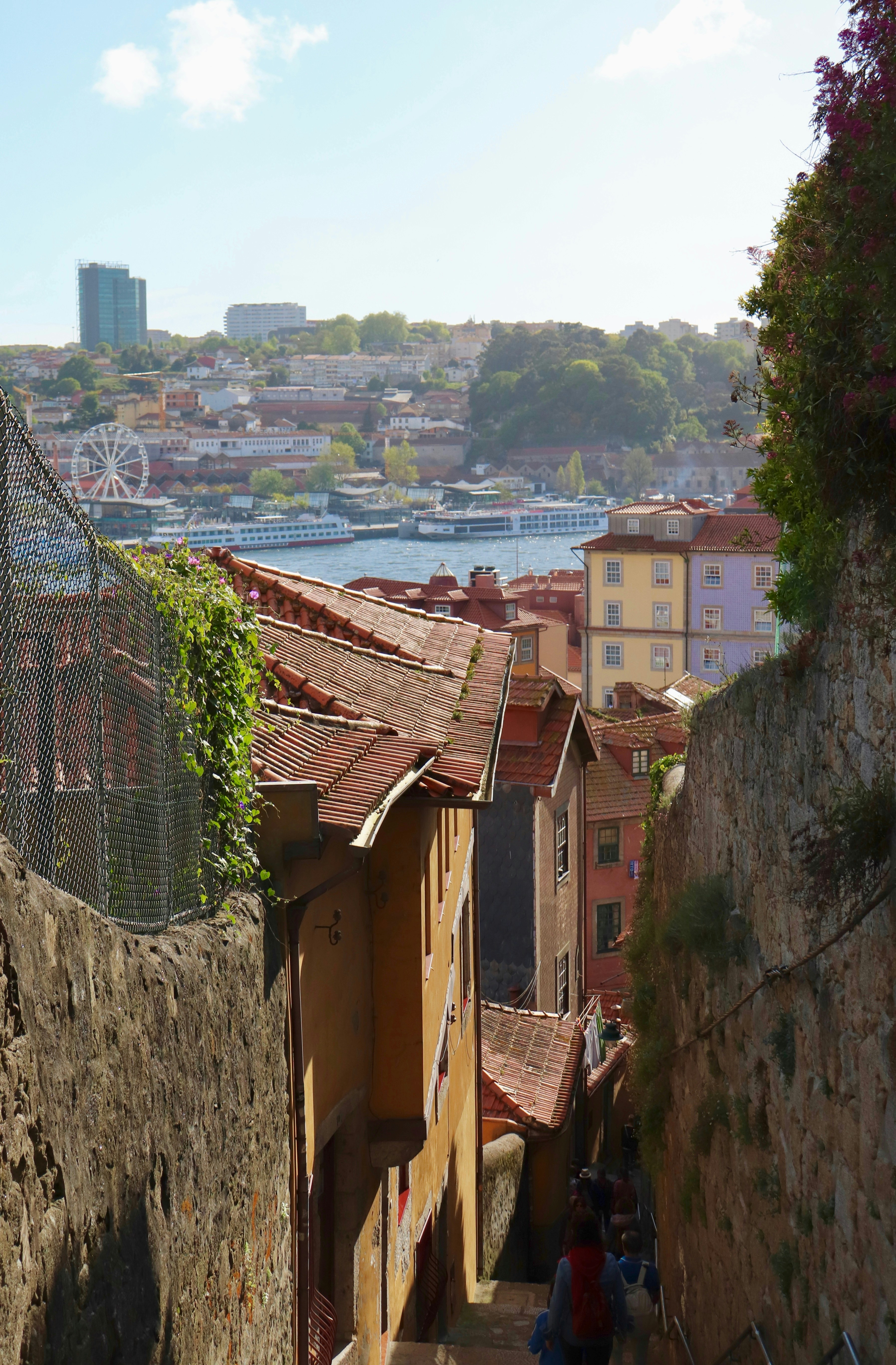 Sunlit Steps: A Quiet Corridor Between Walls of Porto Lisbon.