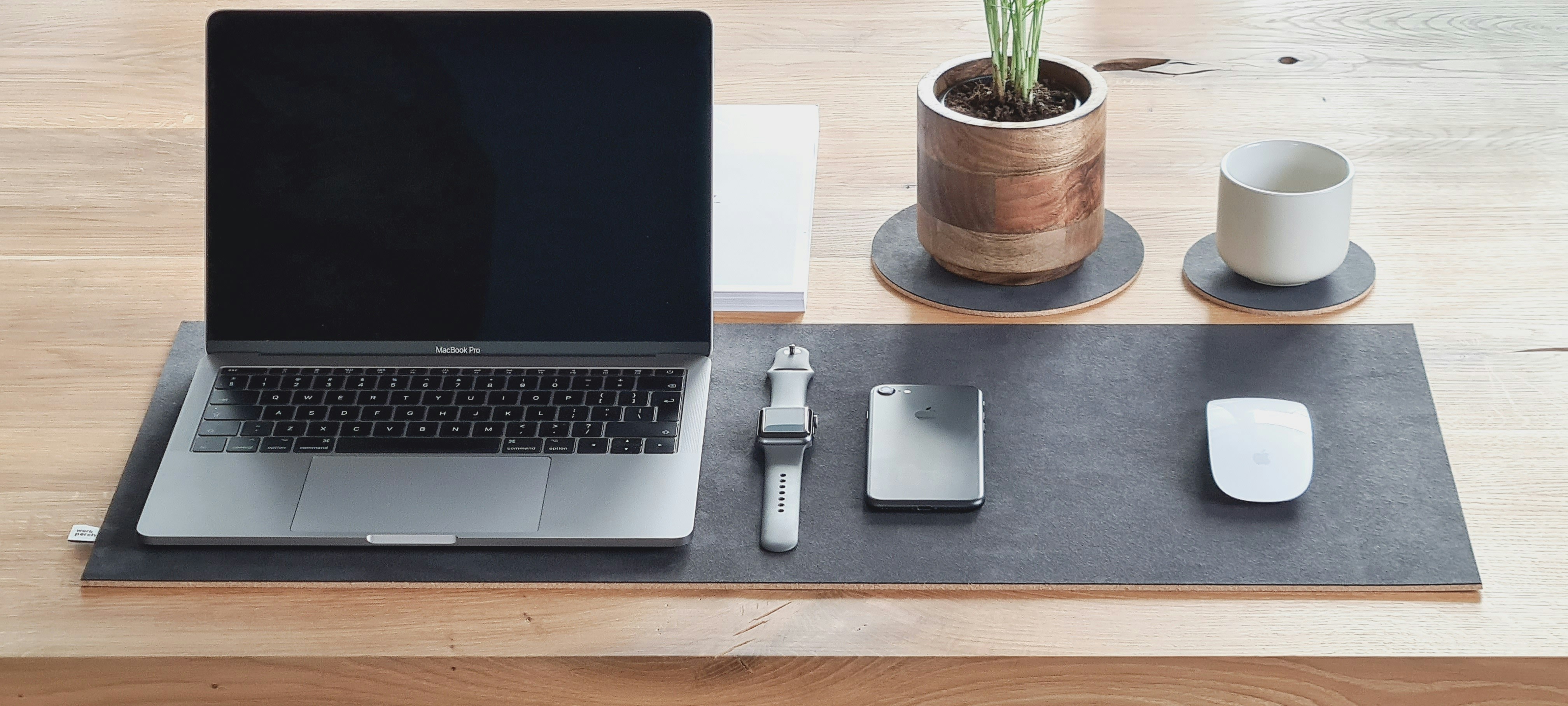 Macbook pro beside silver iphone 6 on brown wooden table photo – Free ...