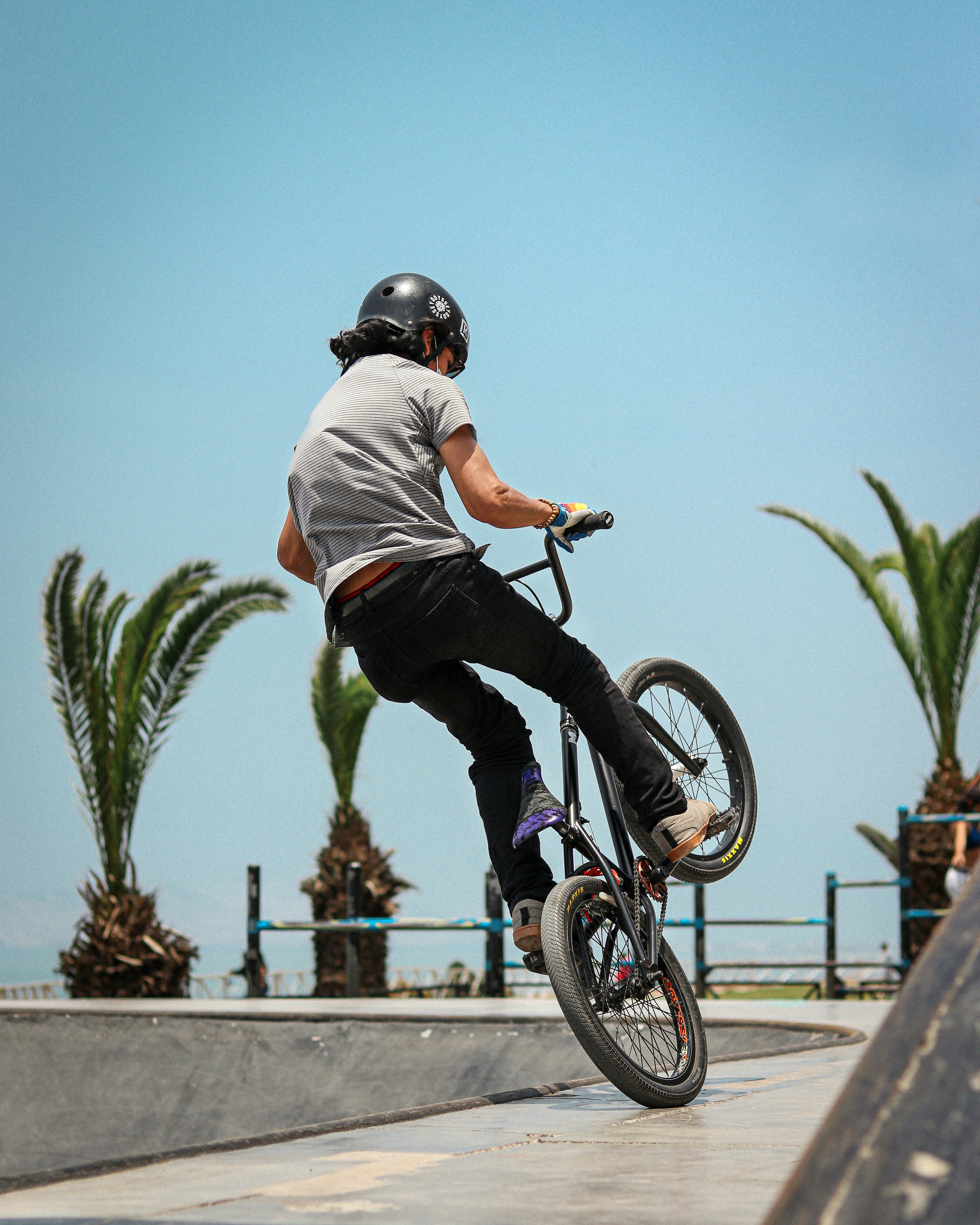 BMX rider performing a wheelie in a skate park, surrounded by palm trees under a clear blue sky.
