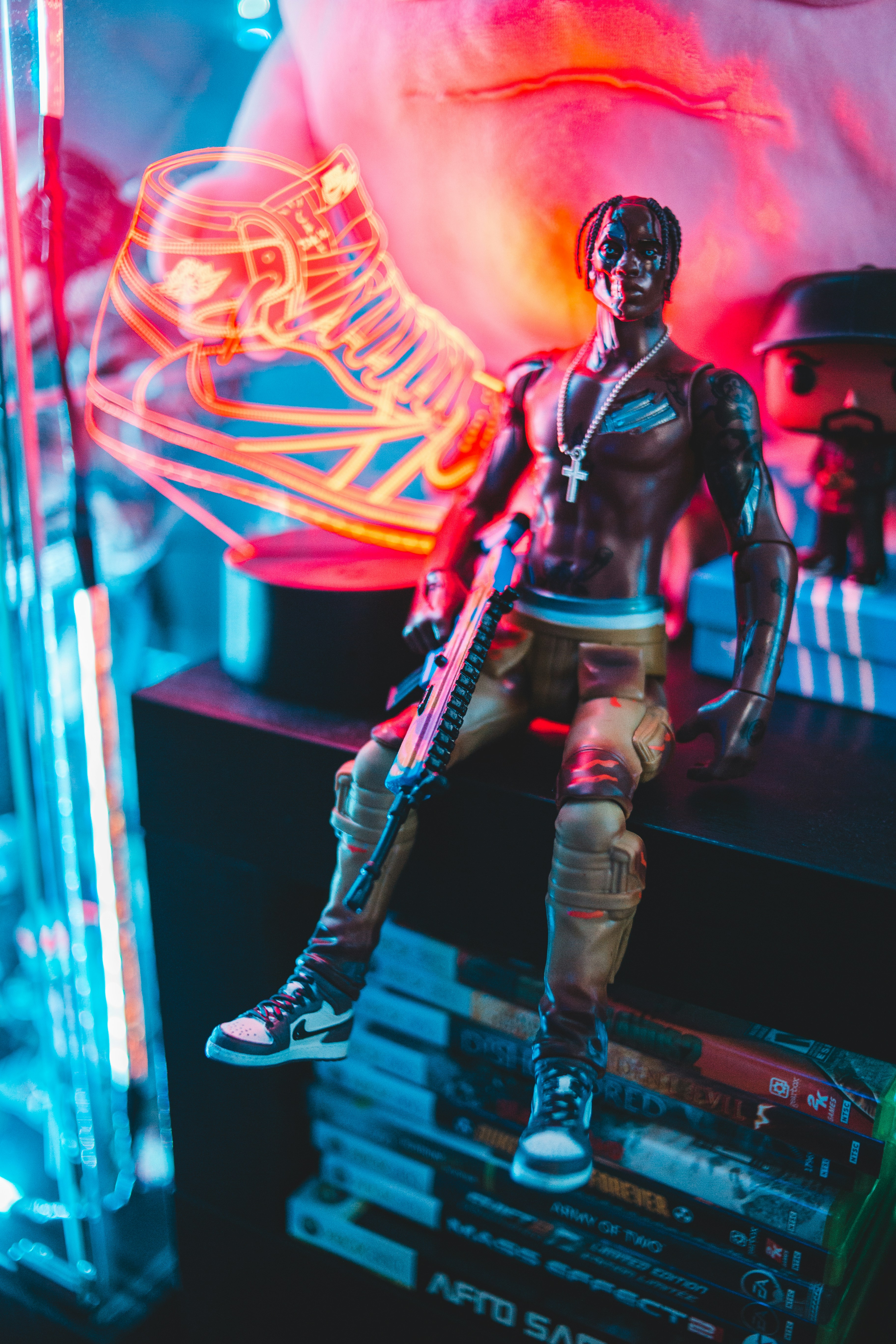 Neon-lit Action Figure Portrait on a Shelf of Comics