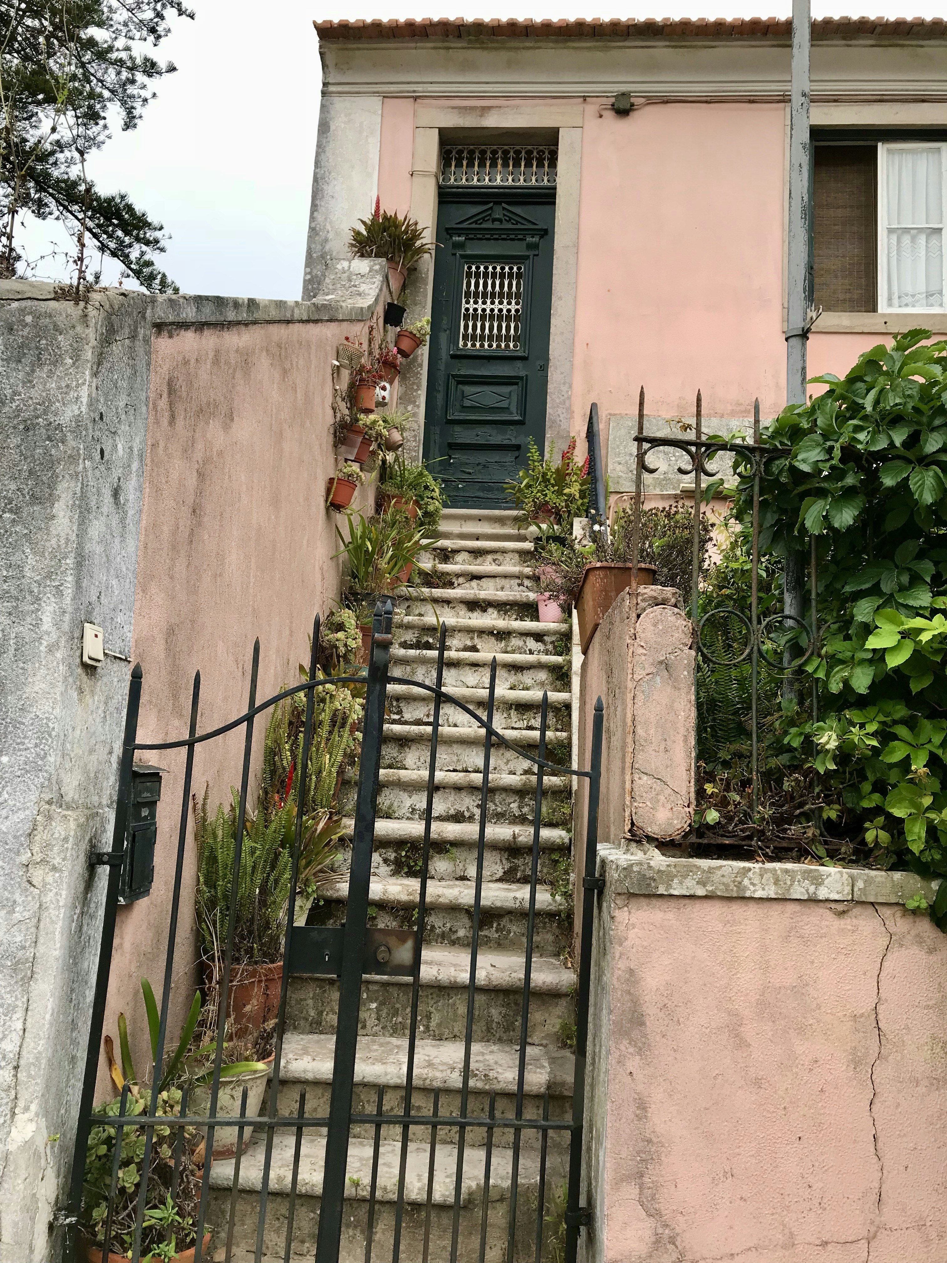 Stairs to a Teal Door: Pink House Terrace