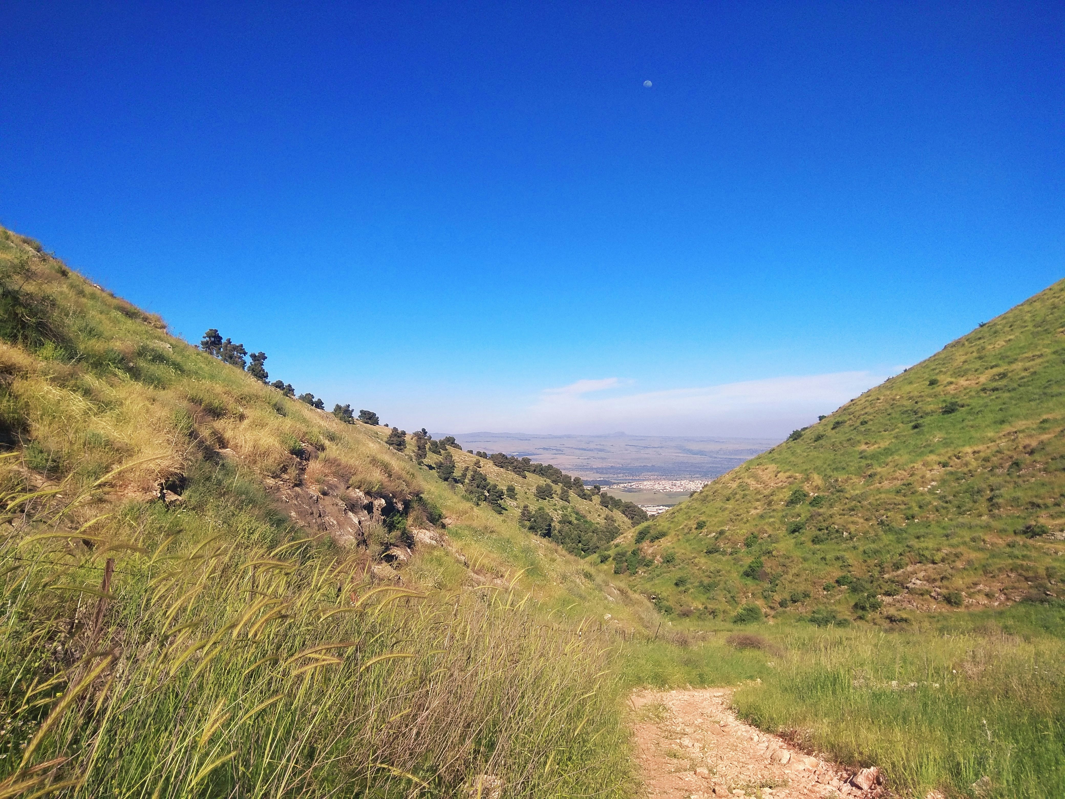 Lush green hills frame a tranquil valley under a clear blue sky, inviting exploration and reflection.
