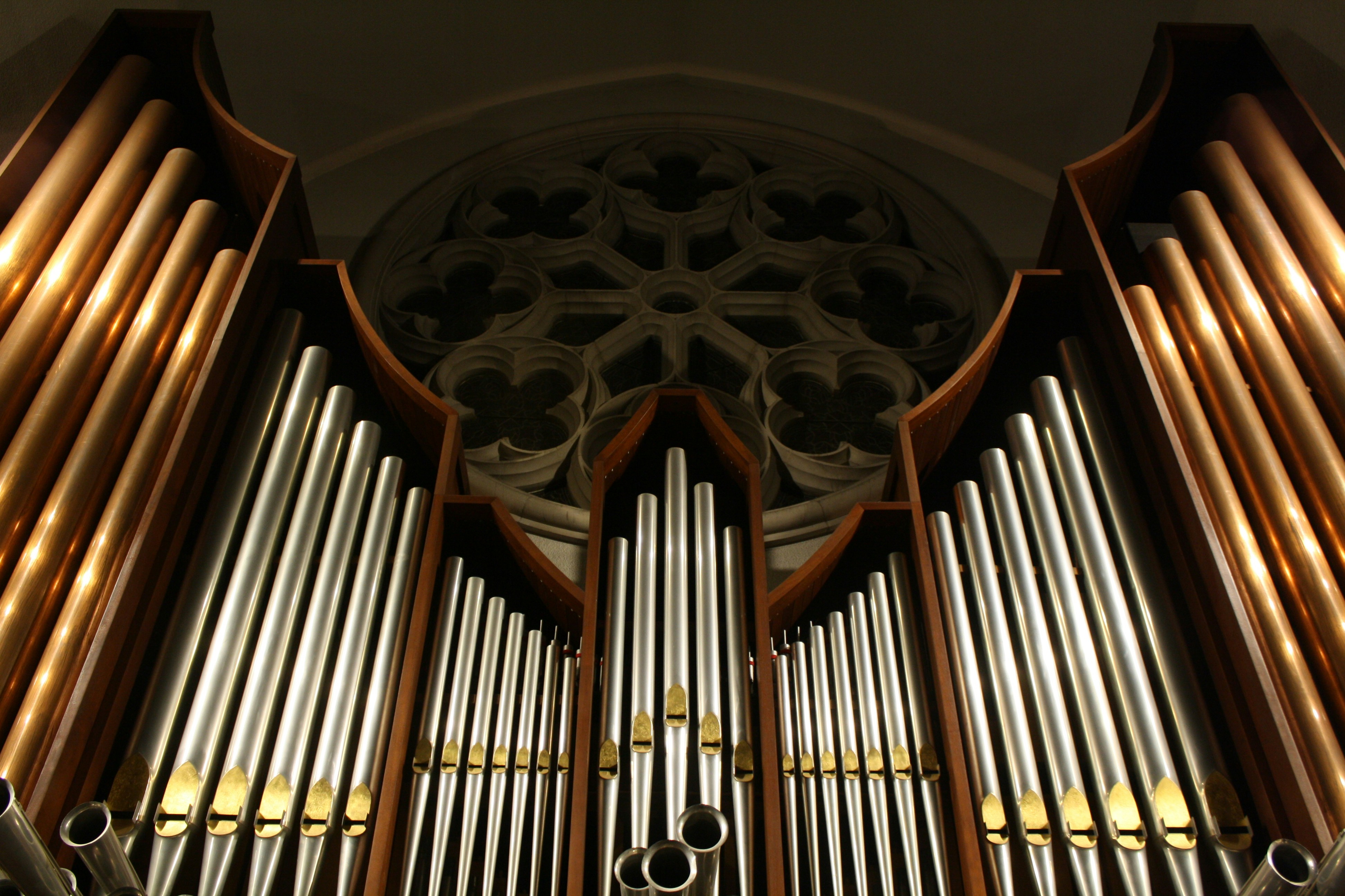 Grand pipe organ rising beneath an ornate cathedral rose window.