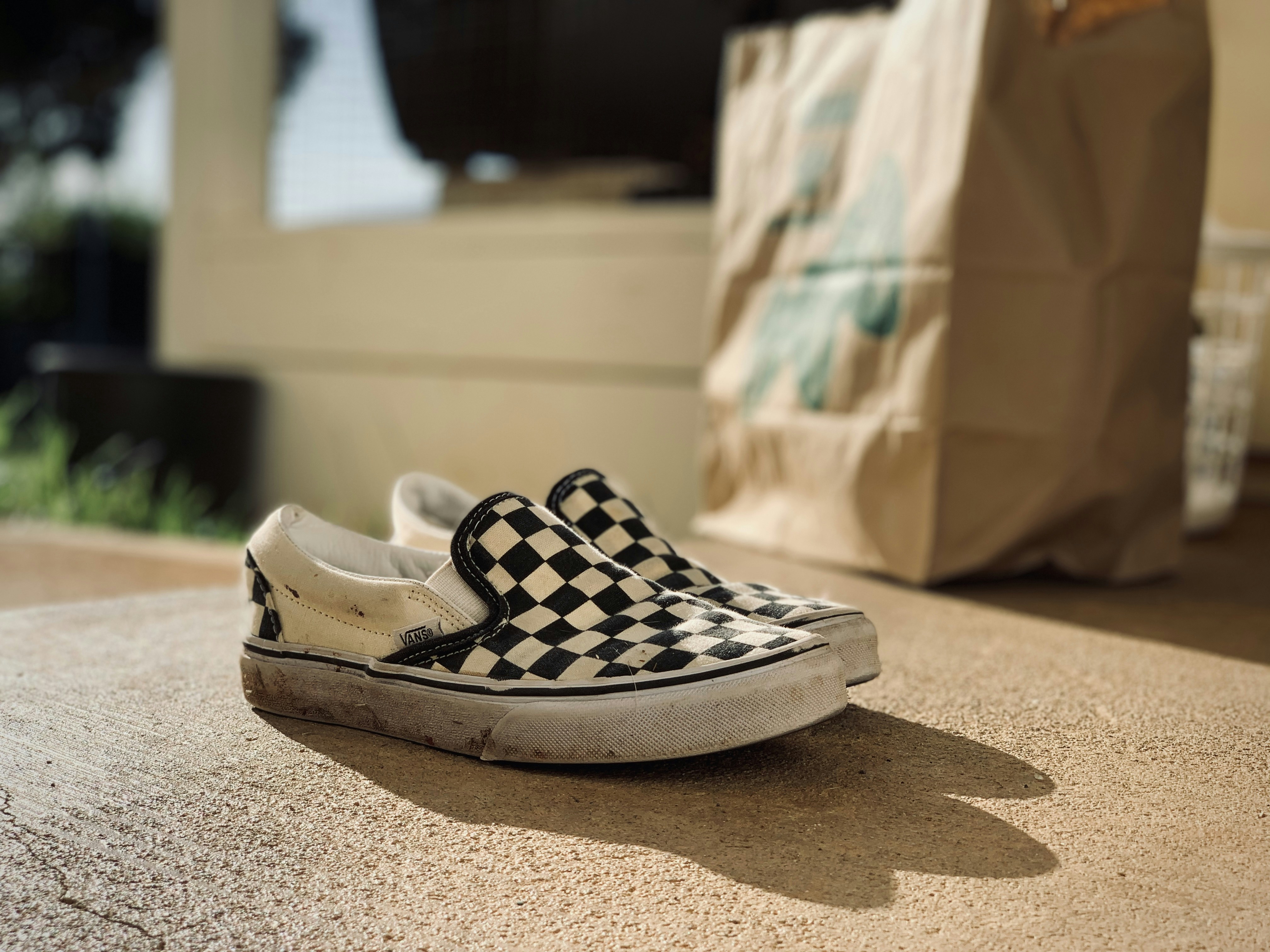black and white checkered slip on shoes