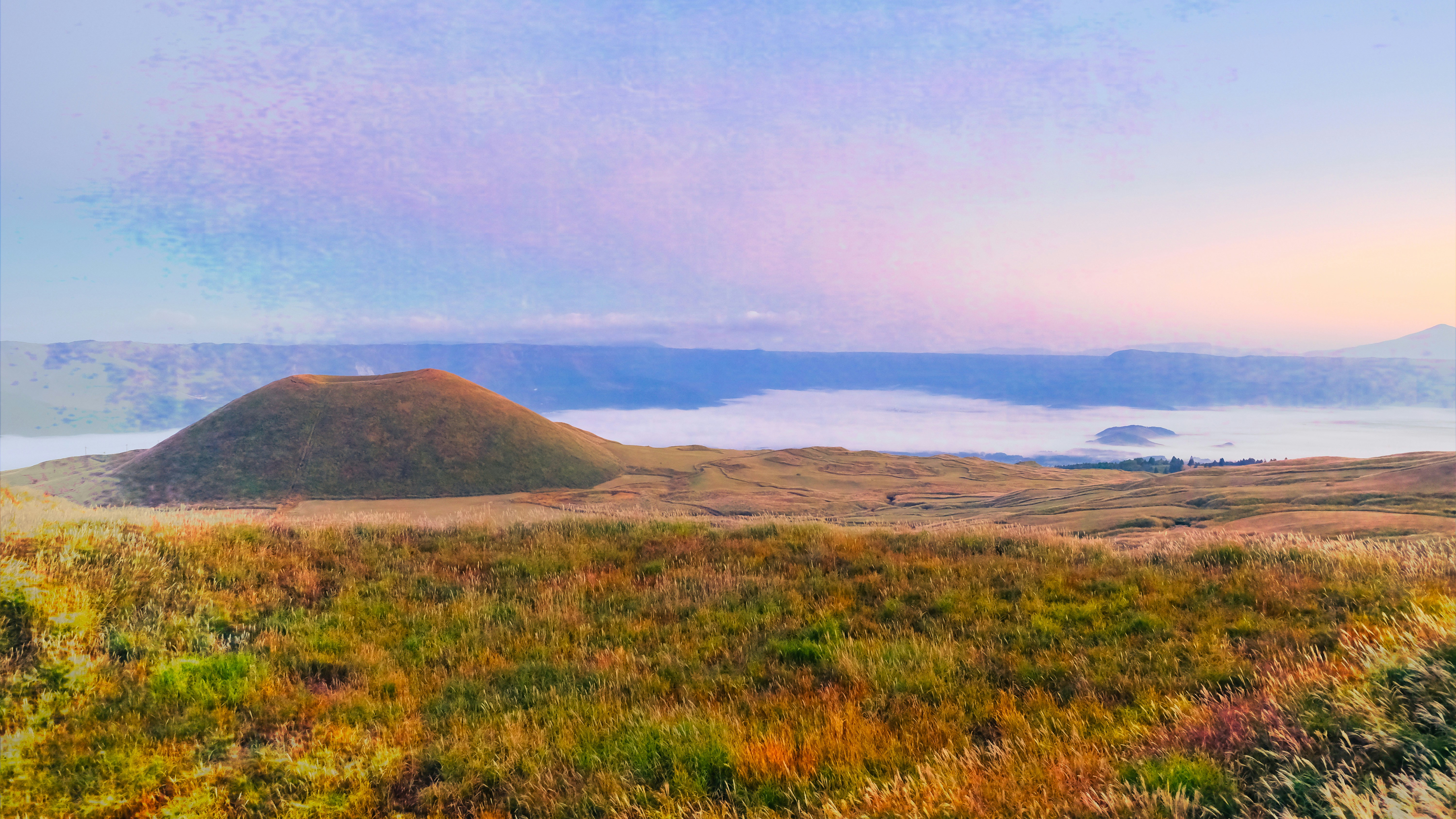 Solitary Hill at Dusk: Pastel Skies and a Veiled Lake