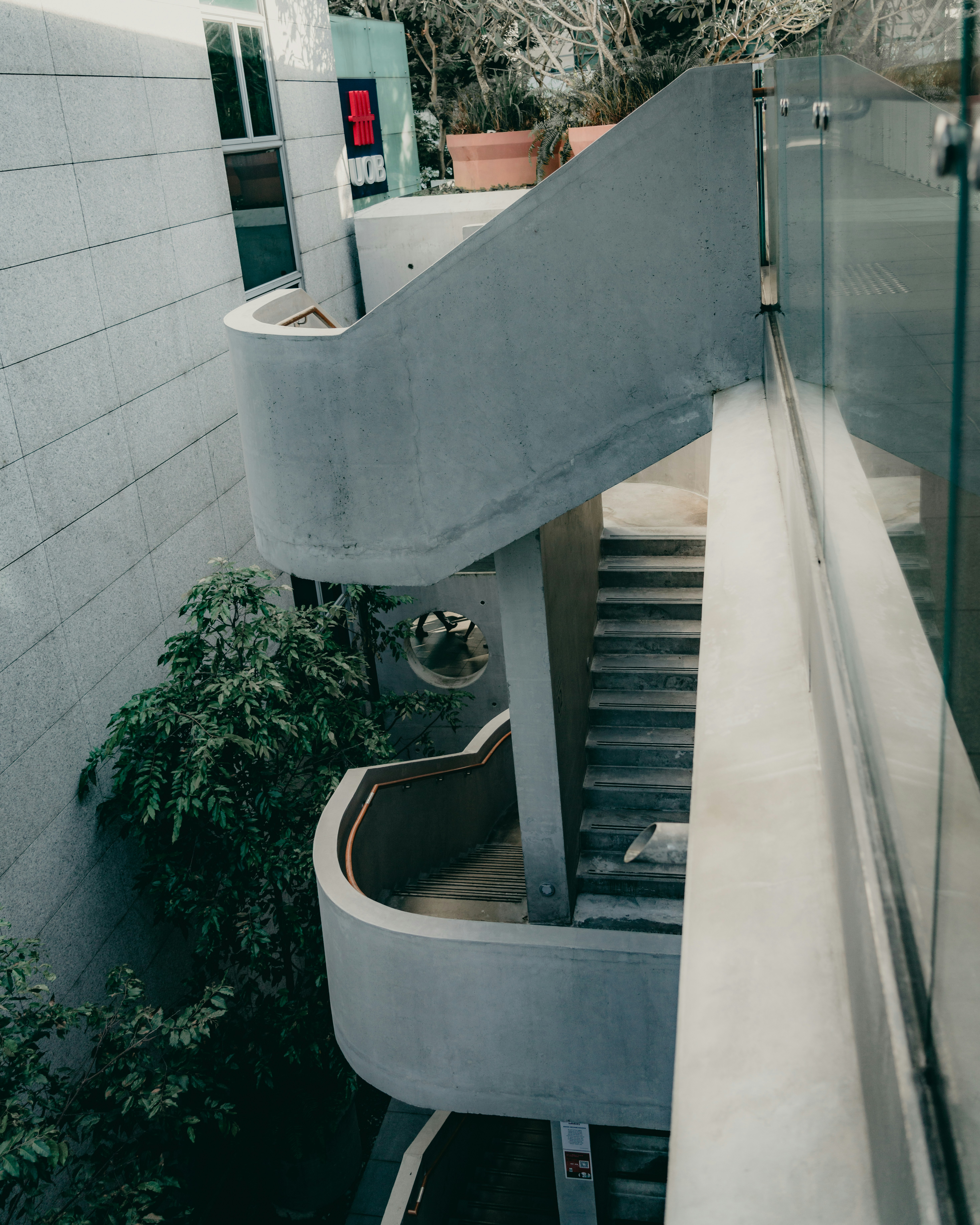 Concrete staircase elegantly spiraling through a modern building, surrounded by greenery and glass. The design emphasizes fluidity and space.